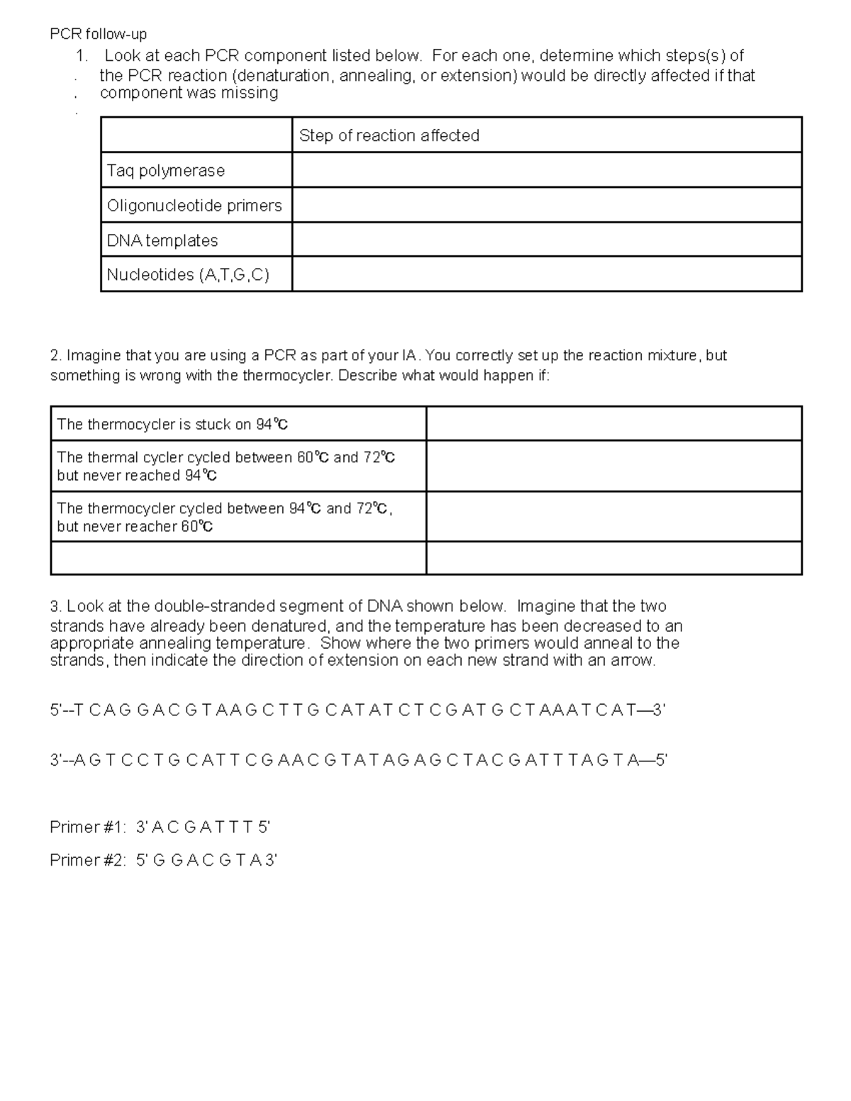 PCR follow-up worksheet for understanding the basics of PCR - PCR ...