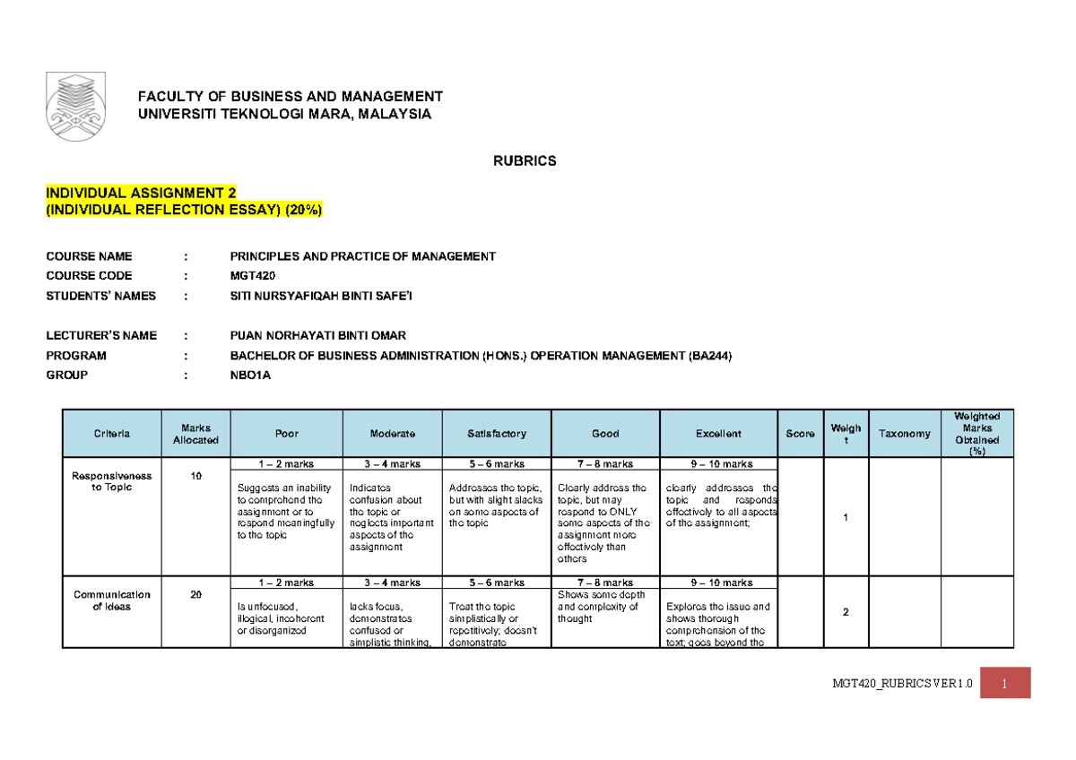 Rubrics SELF Reflection - MGT420_RUBRICS VER 1 1 FACULTY OF BUSINESS ...