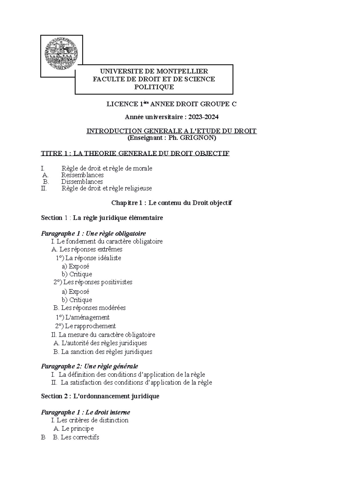 Plan Intro g Ã©n Ã©rale au droit 2023-2024 - LICENCE 1ère ANNEE DROIT GROUPE C Année ...