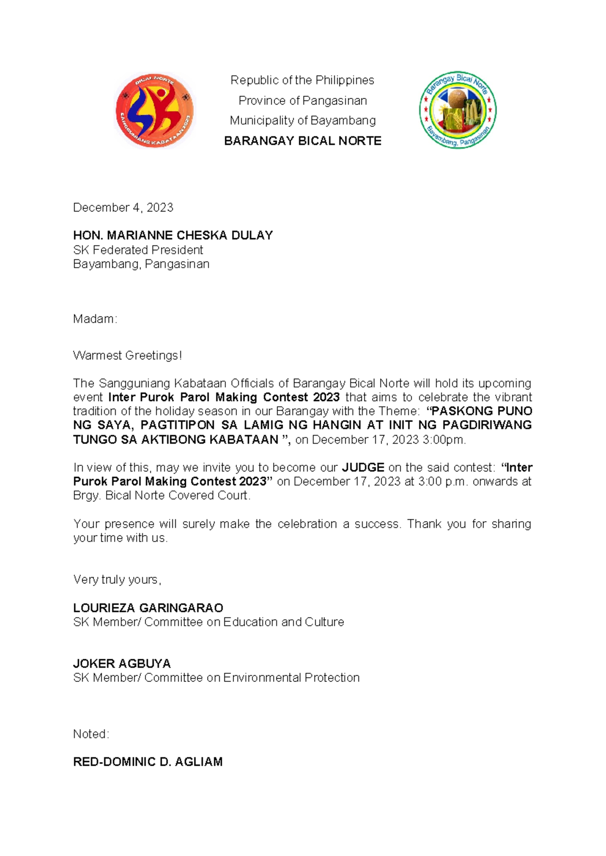 Letter to judges parol making sk - Republic of the Philippines Province ...