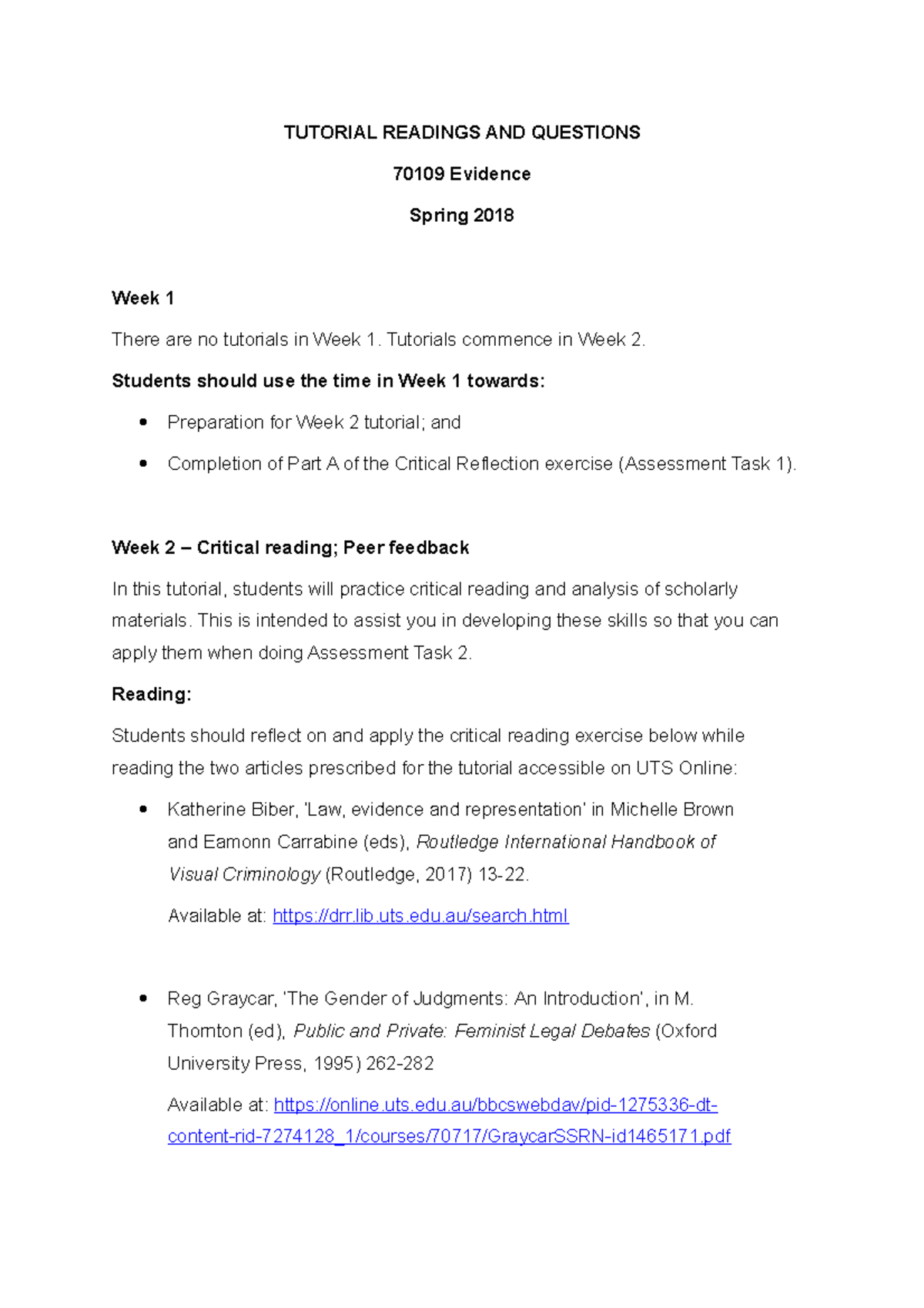 70109 Evidence - Tutorial readings and questions - TUTORIAL READINGS ...