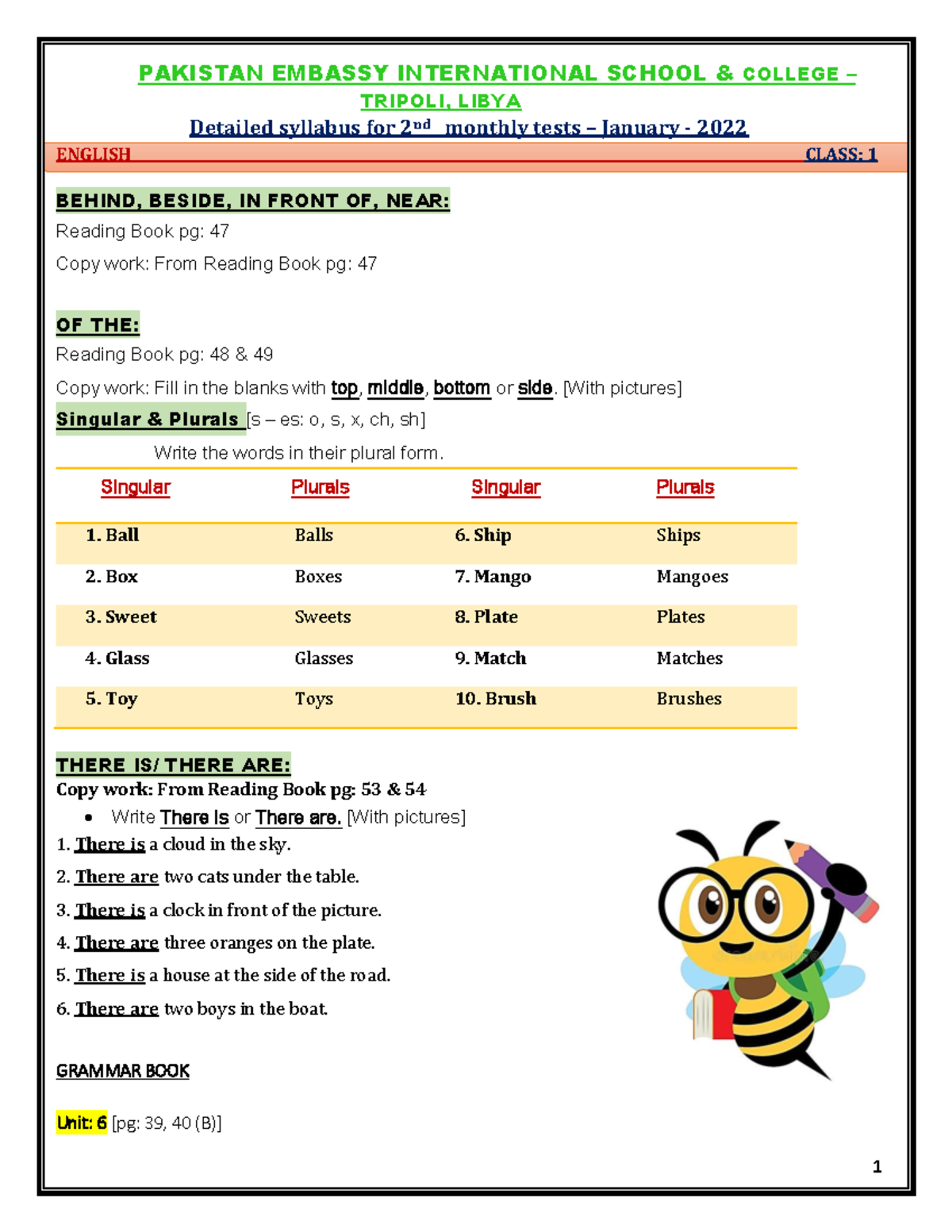 Peistl first Monthly Test-Class-I (Jan - 2022) - 1 PAKISTAN EMBASSY ...