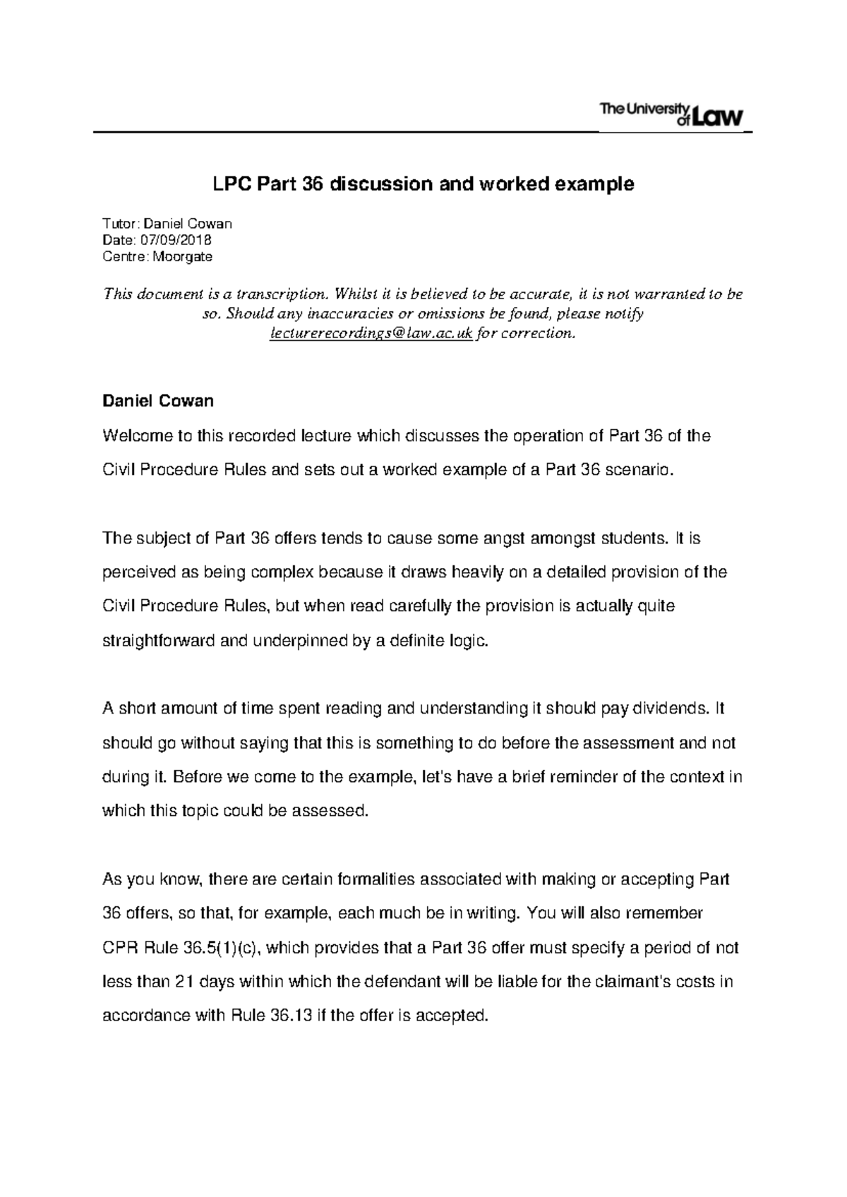 Part 36 discussion and worked example - LPC Part 36 discussion and ...