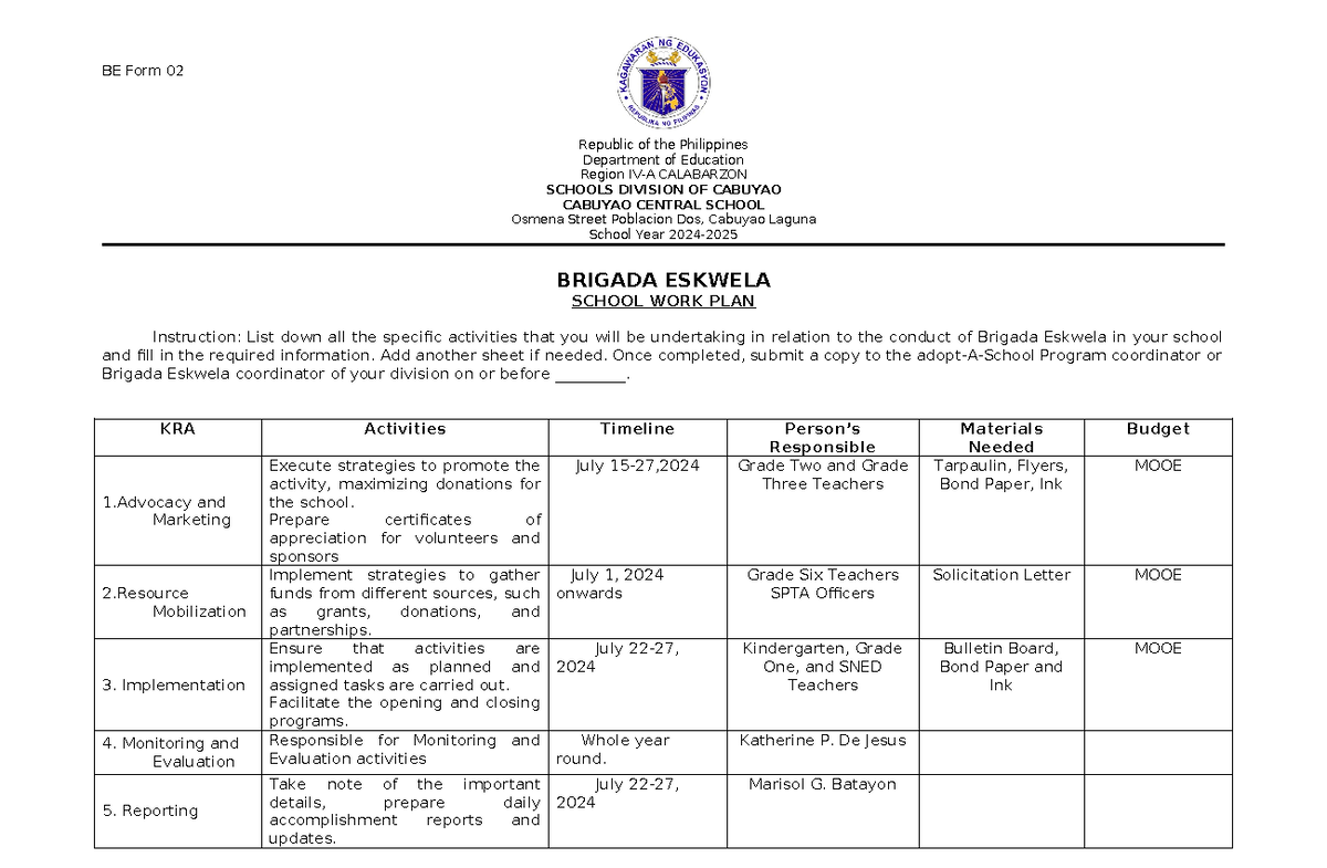 BE Form 2 School WORK PLAN24 25 - BE Form 02 Republic of the ...