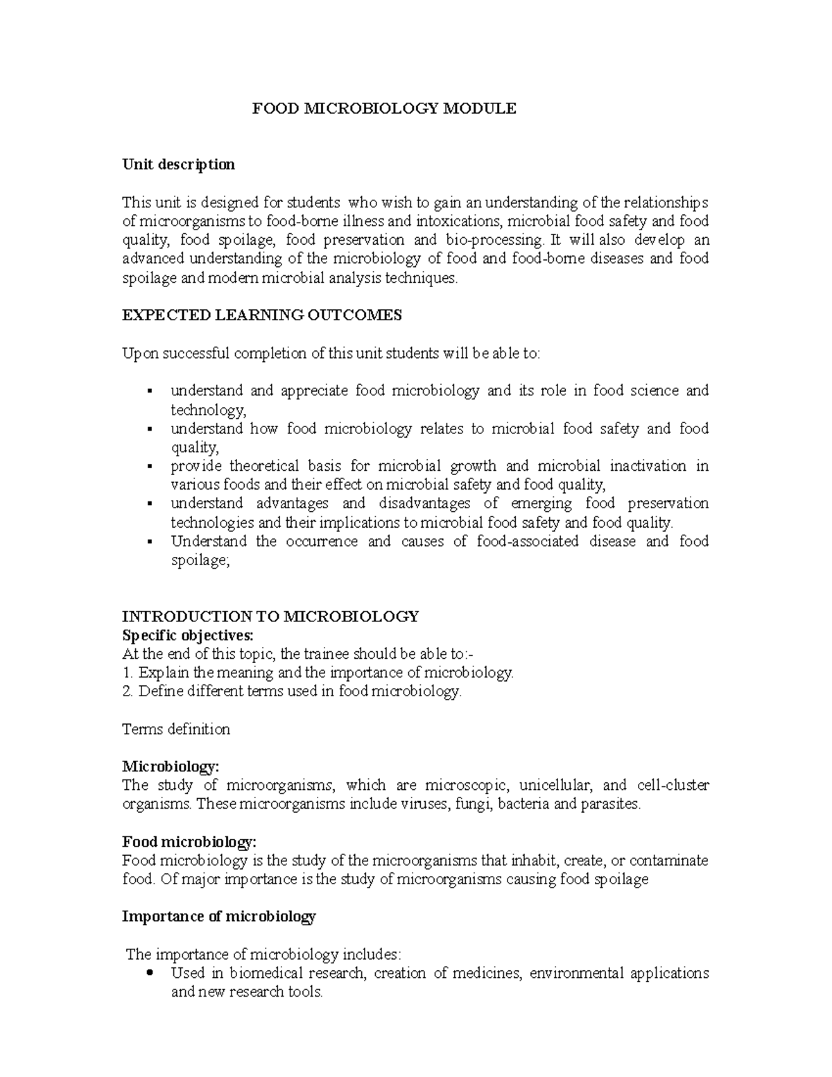 FOOD Microbiology Module - FOOD MICROBIOLOGY MODULE Unit description ...