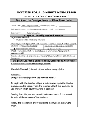 Lesson Plan 1 minutes - TESOL 101 Lesson Plan Template Backwards Design ...