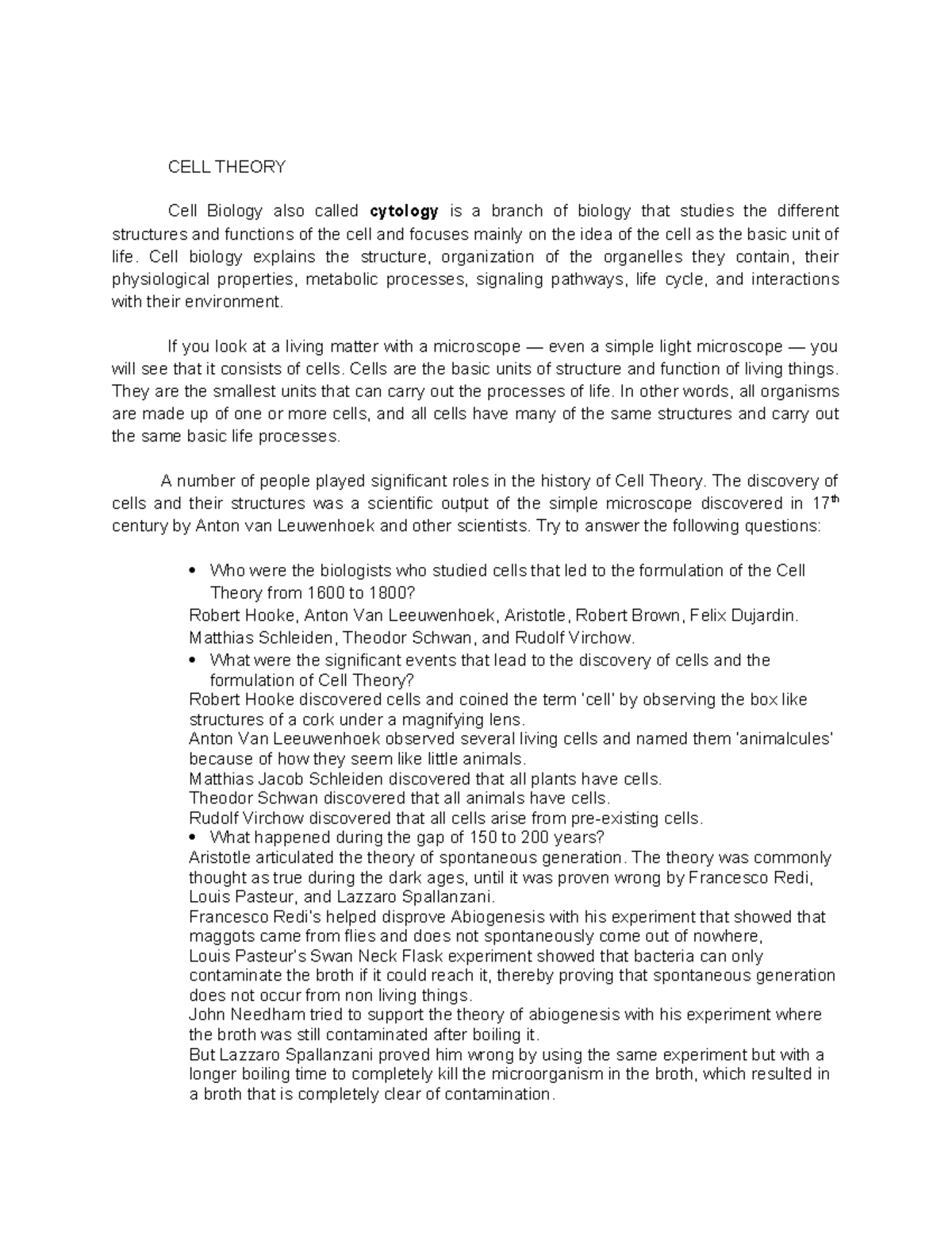 Cell-Theory - CELL THEORY Cell Biology also called cytology is a branch ...