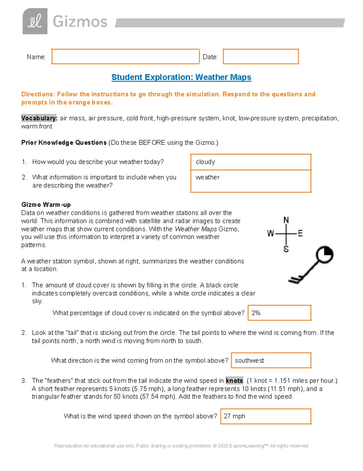Weather Maps Gizmo - Name: Date: Student Exploration: Weather Maps ...