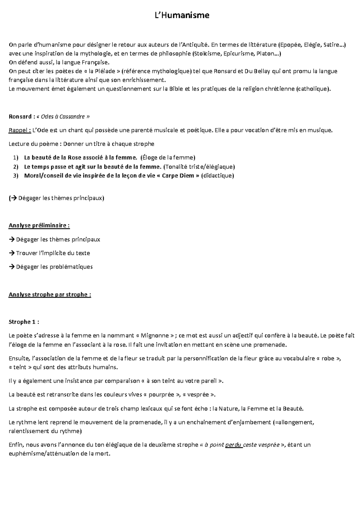 Humanisme + Odes de ronsard - L’Humanisme On parle d’humanisme pour ...