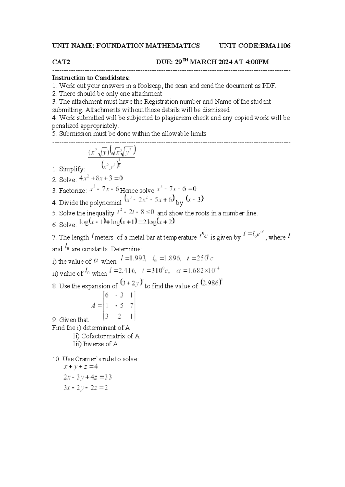 BMA1106 CAT2 - UNIT NAME: FOUNDATION MATHEMATICS UNIT CODE:BMA CAT2 DUE ...