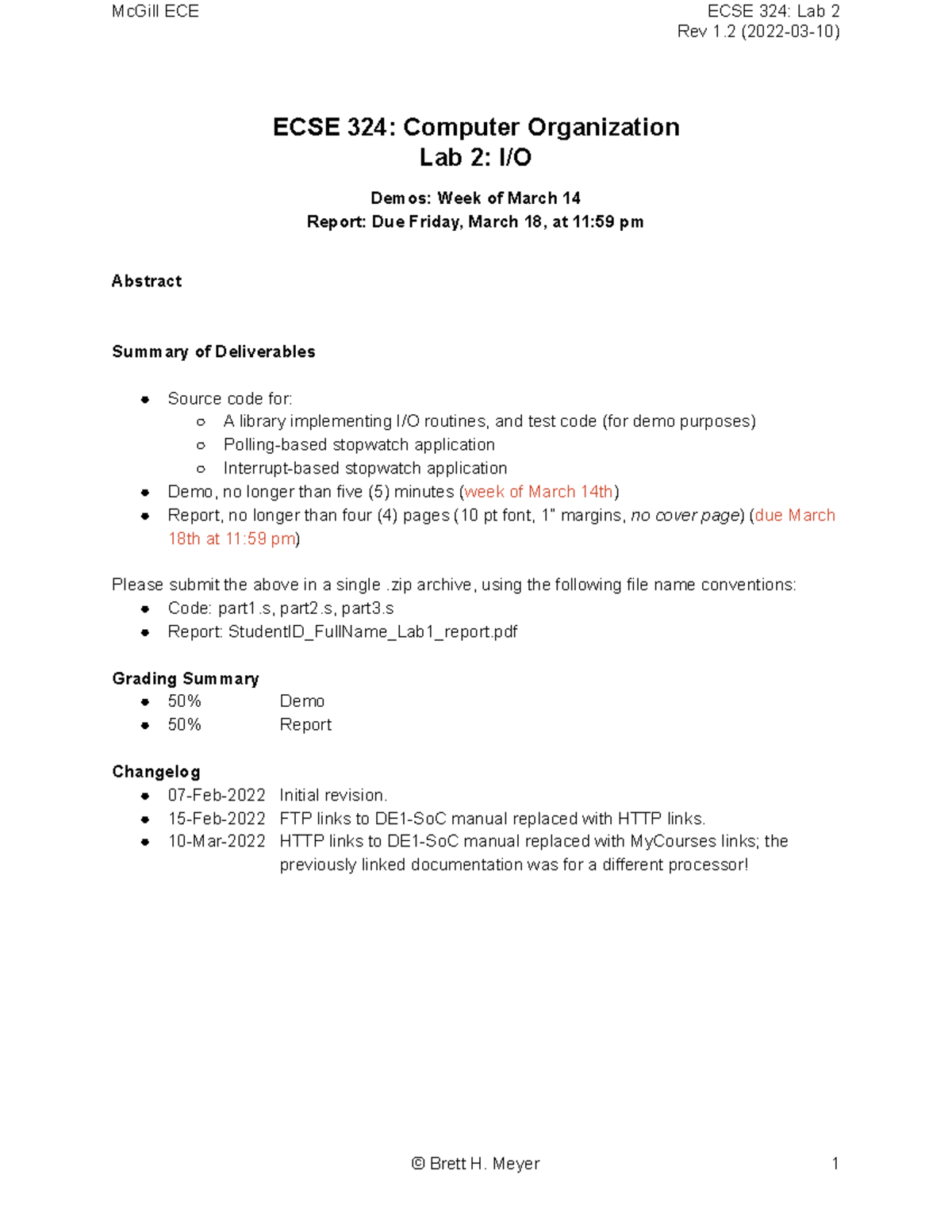 W22 ECSE 324 Lab 2 I O - Rev 1 (2022-03-10) ECSE 324: Computer Organization Lab 2: I/O Demos ...