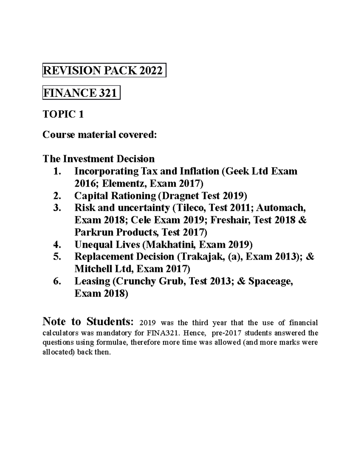FINA321 Topic 1 Revision Pack 2022 - REVISION PACK 2022 FINANCE 321 TOPIC 1 Course material ...