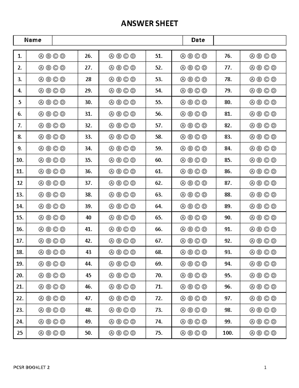 Answer- Sheet - THANK YOU - Name Date 1. 26. 51. 76. 2. 27. 52. 77. 3 ...