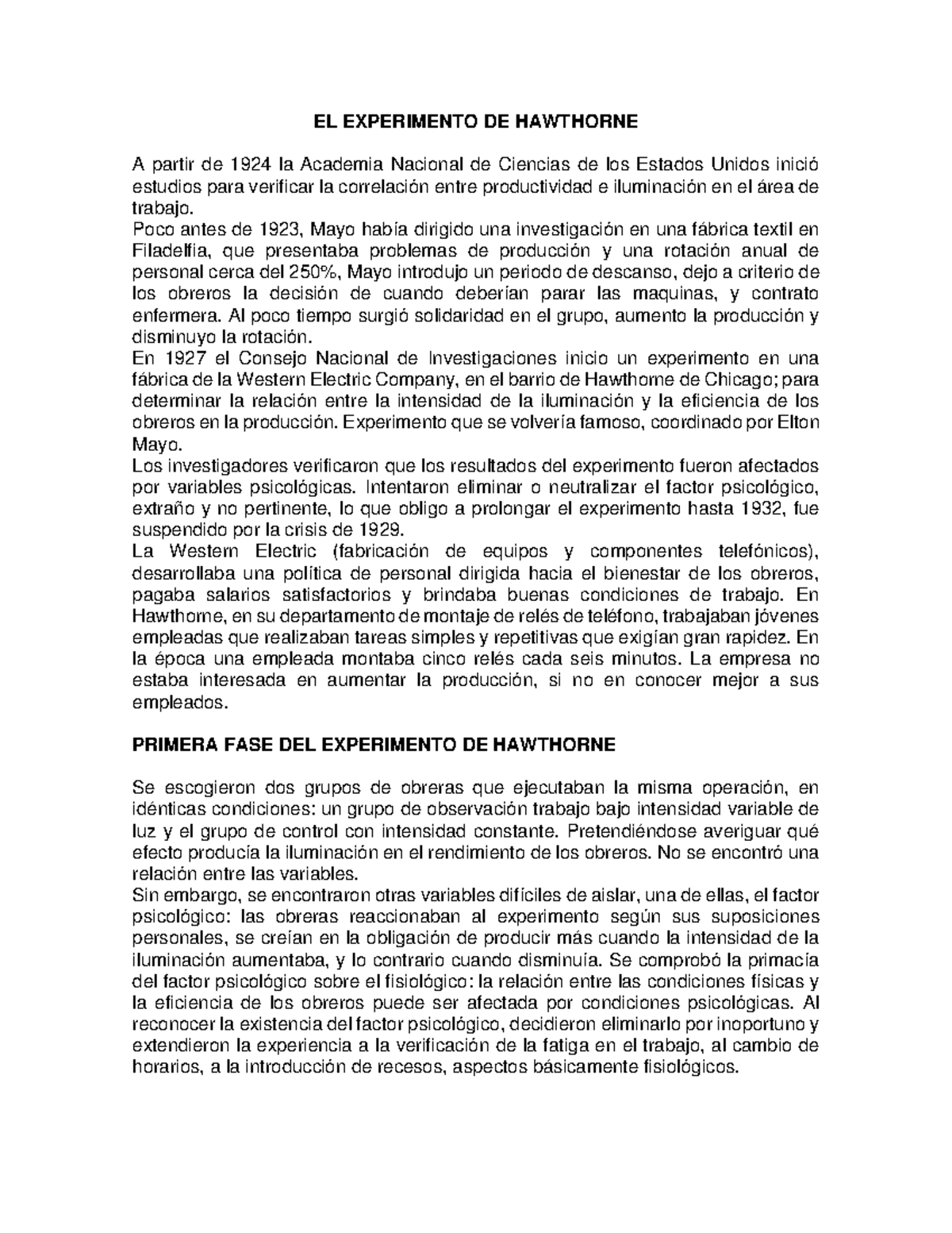 EL Experimento DE Hawthorne - EL EXPERIMENTO DE HAWTHORNE A partir de ...