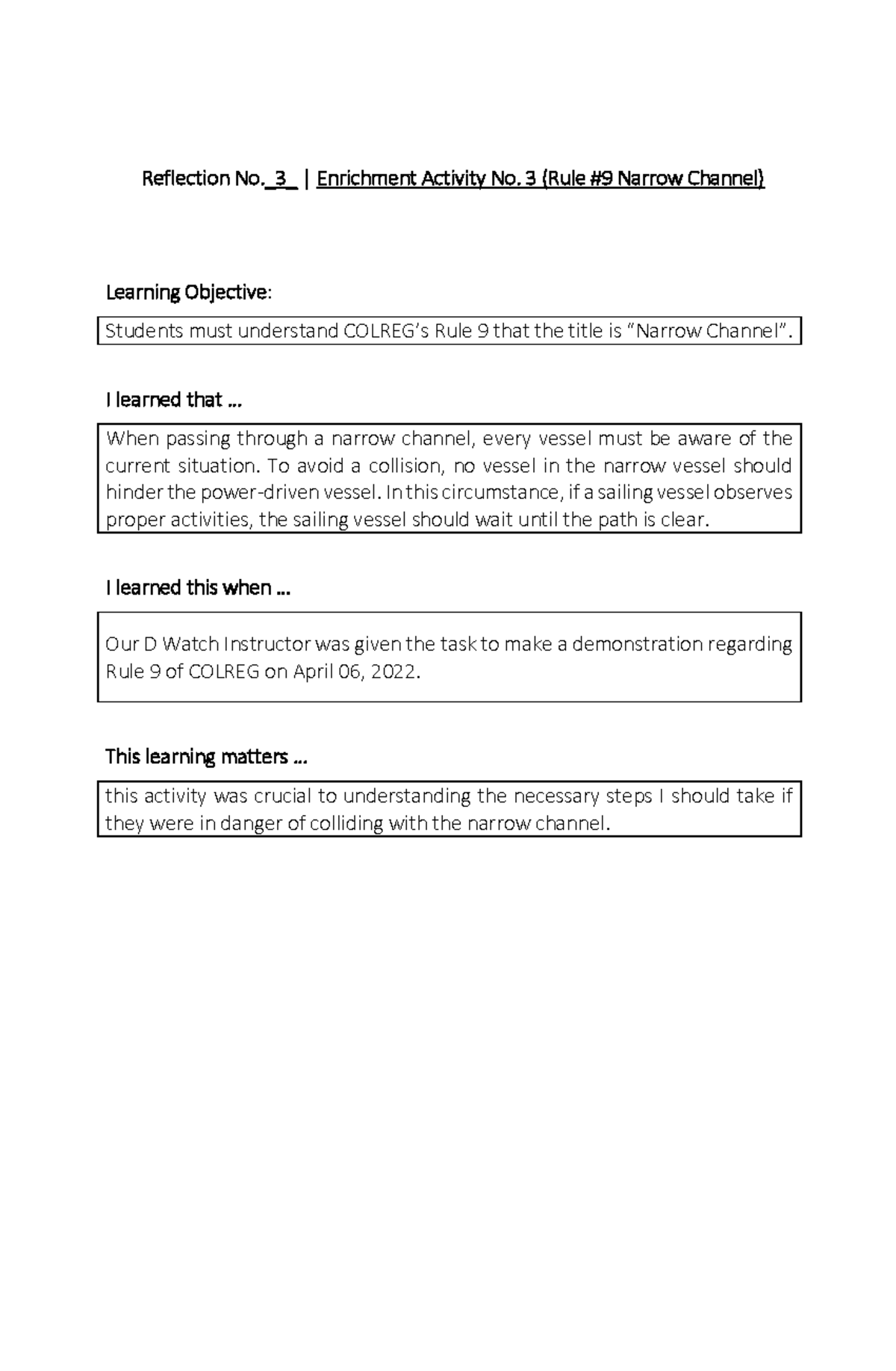 Activity Reflection 3 - Reflection No._ 3 _ | Enrichment Activity No. 3 (Rule # 9 Narrow Channel ...