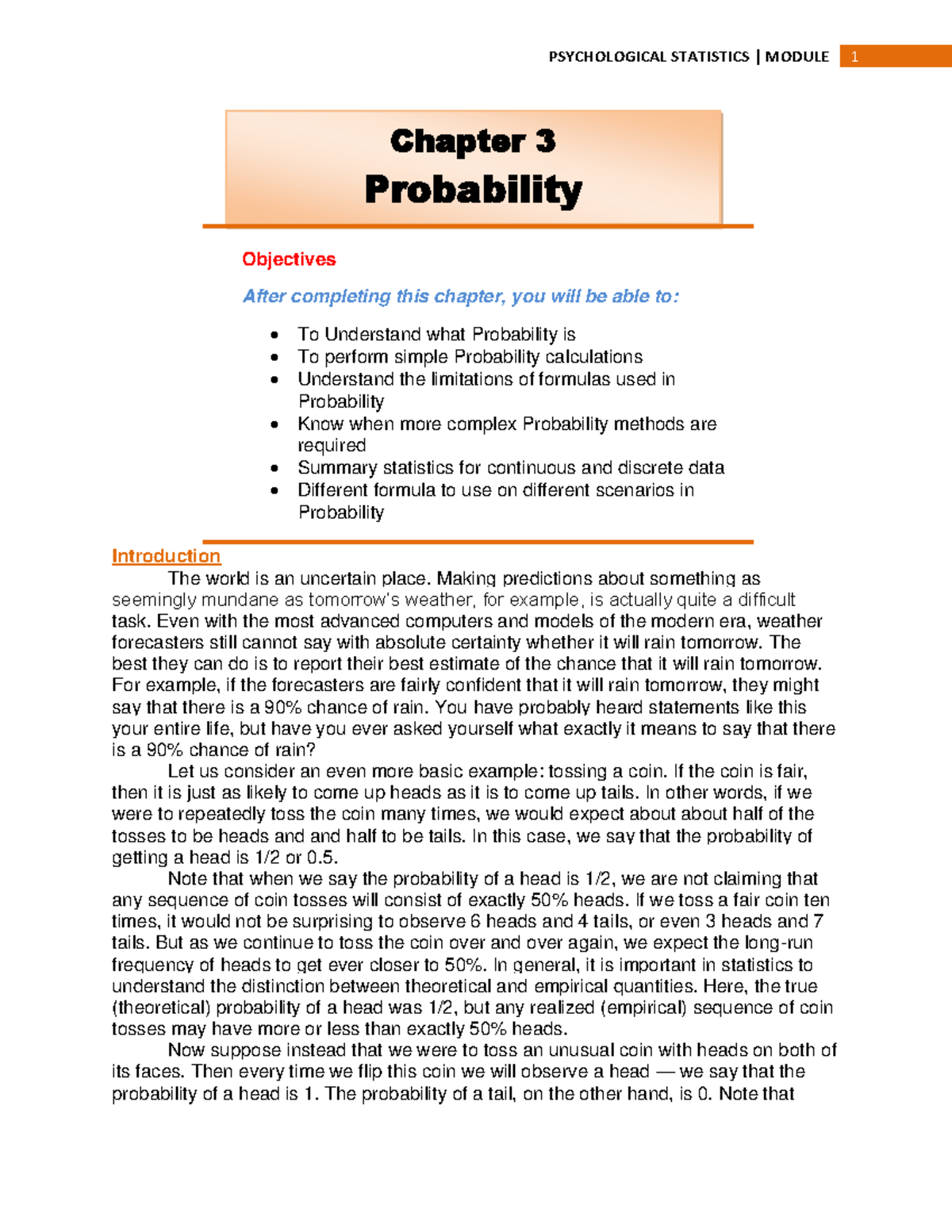 Chapter 3 Probability - NOTES - Introduction The world is an uncertain ...