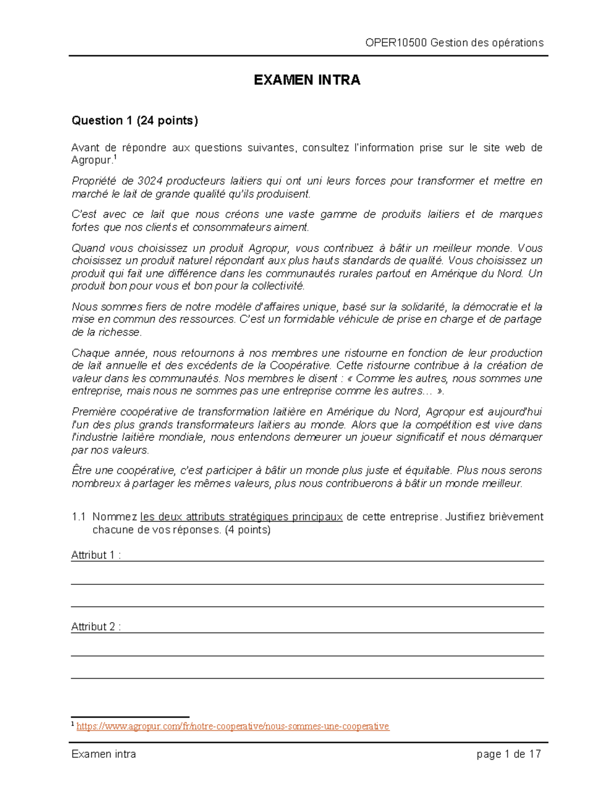 Examen intra de révision - EXAMEN INTRA Question 1 (24 points) Avant de ...