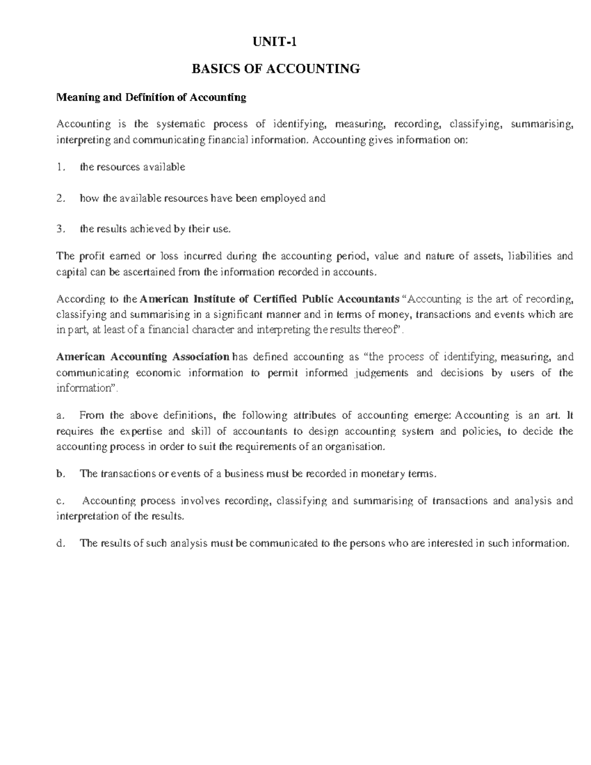 F&A Notes UNIT-1 - UNIT- 1 BASICS OF ACCOUNTING Meaning and Definition ...