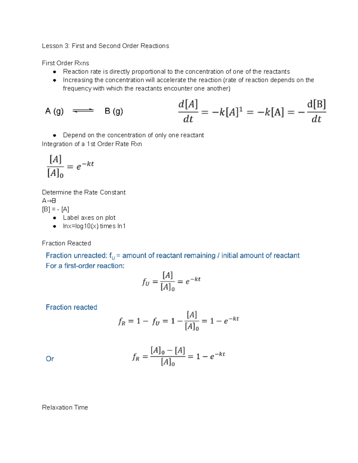 Kinetics Lesson 3 Notes - Lesson 3: First and Second Order Reactions ...