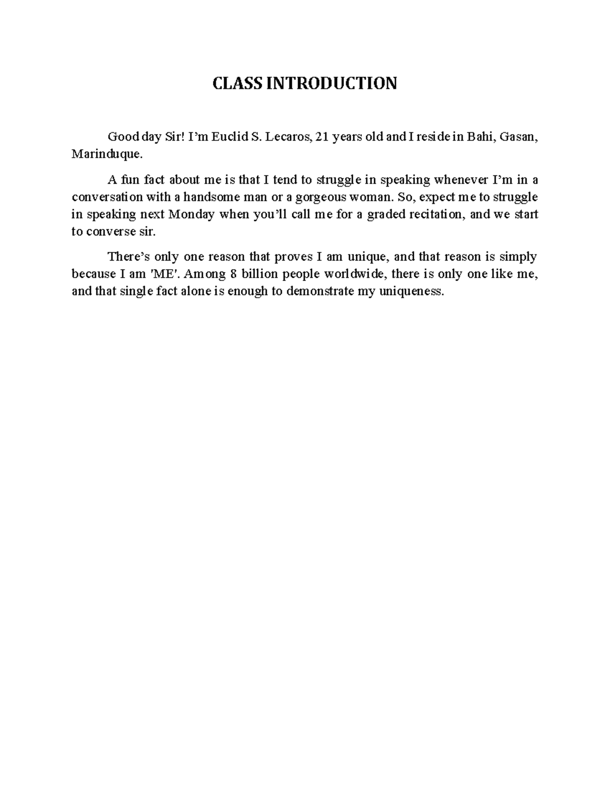 Class Introduction - sadsadas - CLASS INTRODUCTION Good day Sir! I’m ...