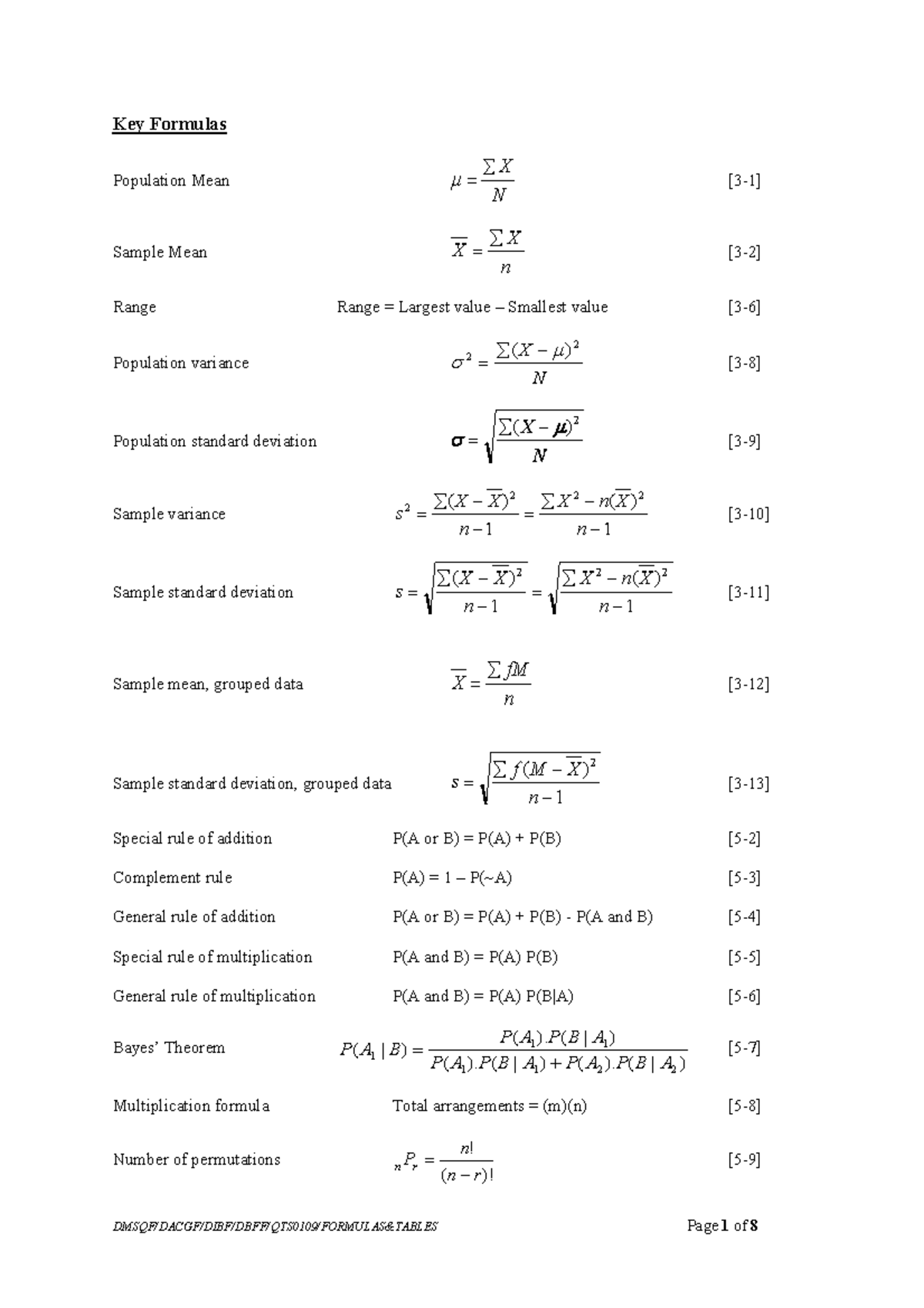 QQTTSS Formulas & Tables - Key Formulas Population Mean N å X μ= [3-1 ...