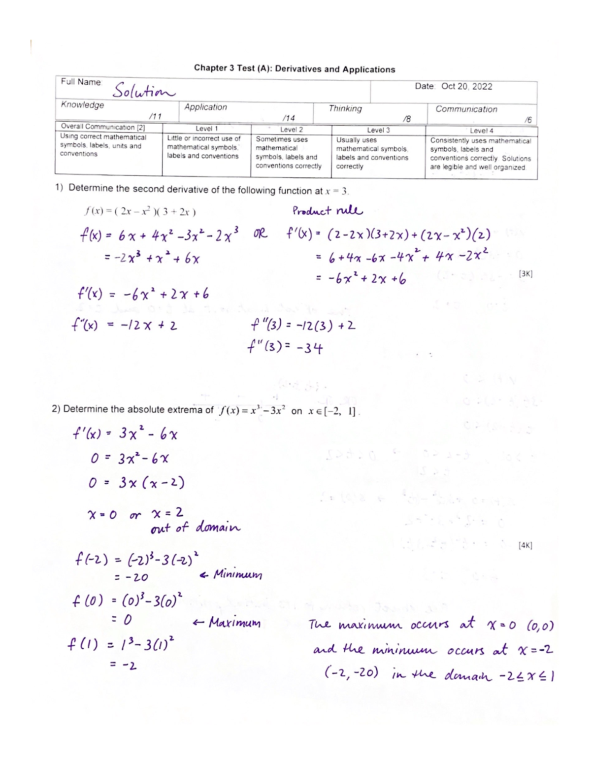 Chapter 3 Test A Derivatives and Applications - Studocu