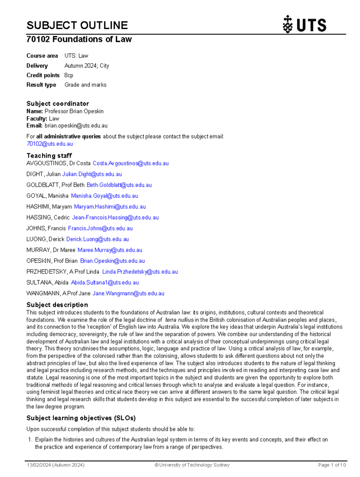 Foundations of law unit outline - SUBJECT OUTLINE 70102 Foundations of ...