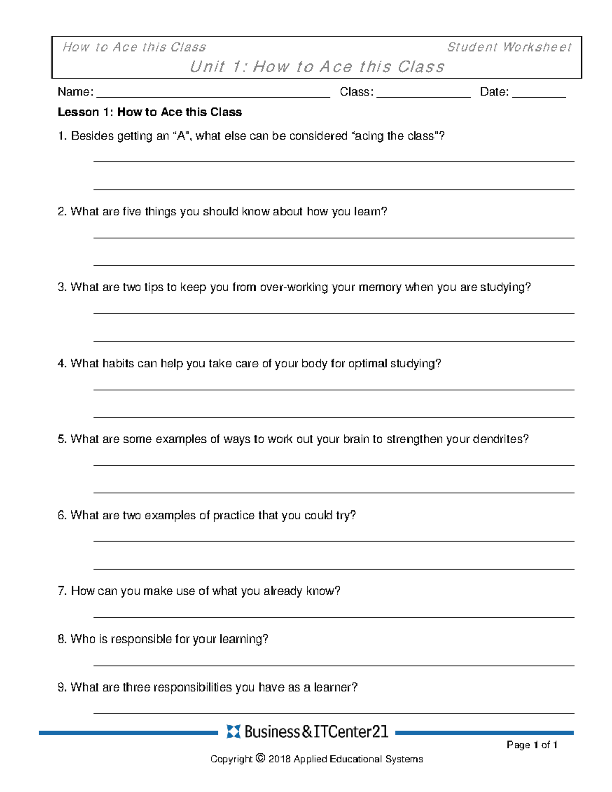 Student Worksheet - H o w t o A c e t h i s Cl a s s St u d e n t Wo r ...