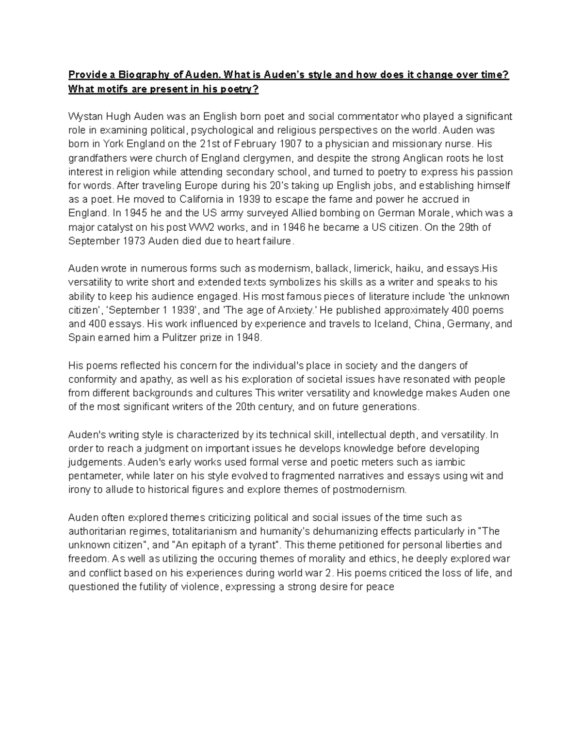 Provide a Biography of Auden - What is Auden’s style and how does it ...