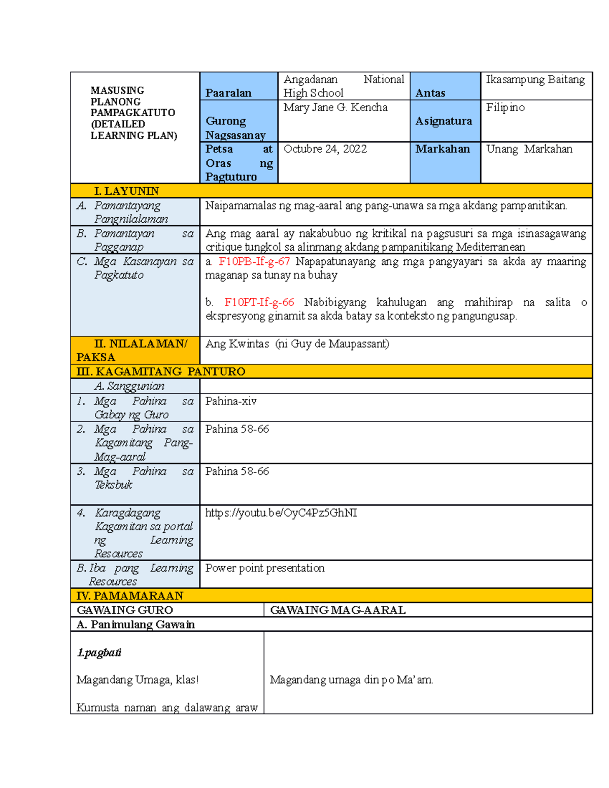 DLL-ANG- Kwintas - DLL - MASUSING PLANONG PAMPAGKATUTO (DETAILED LEARNING PLAN) Paaralan ...