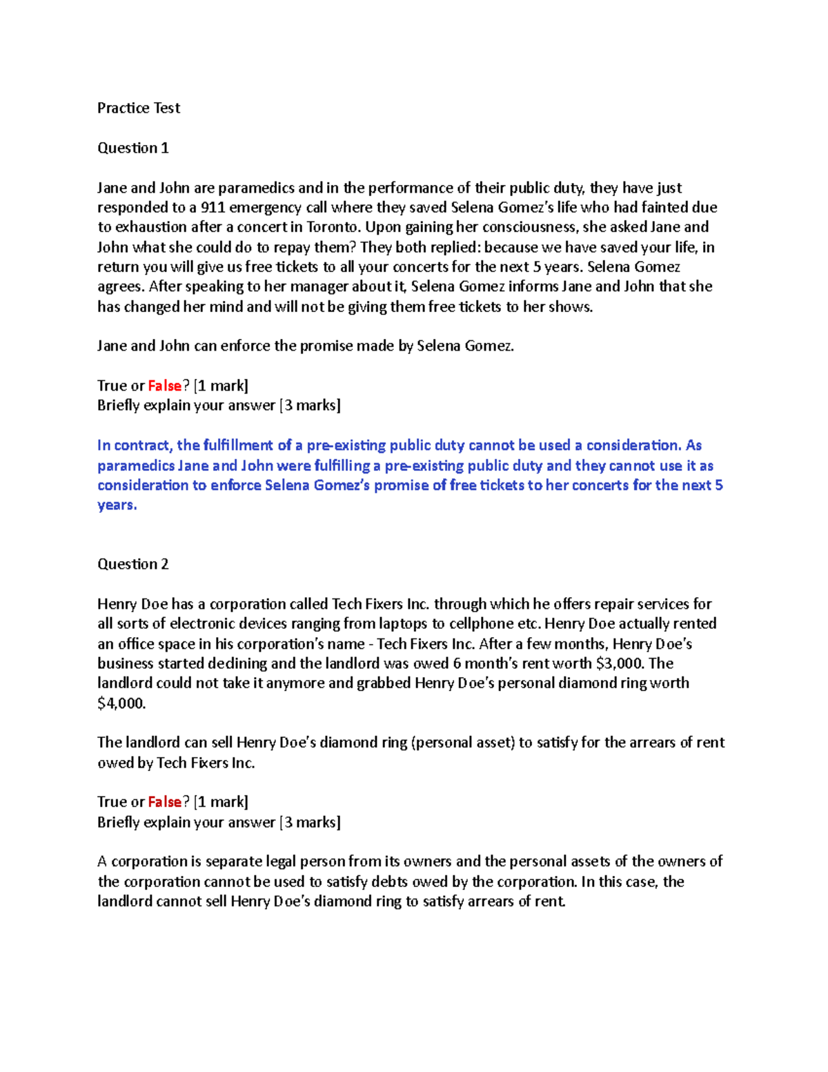 Practice Test answers - yes - Practice Test Question 1 Jane and John ...