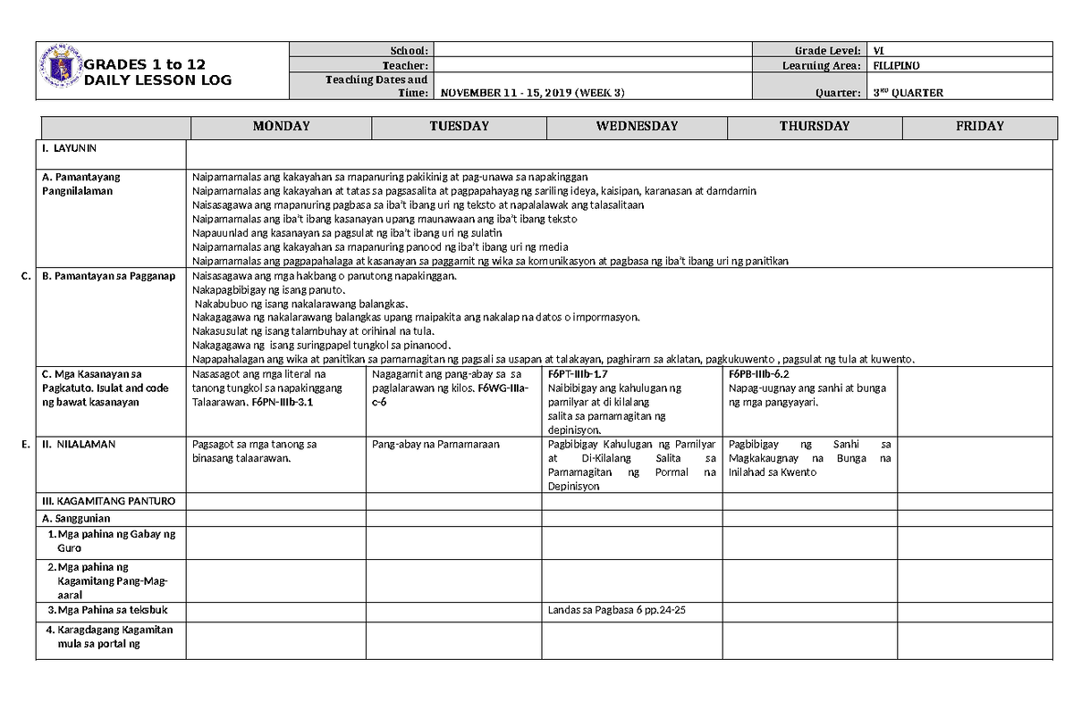 DLL Filipino 6 Q3 W3 - This is perfect for your reference - GRADES 1 to 12 DAILY LESSON LOG ...