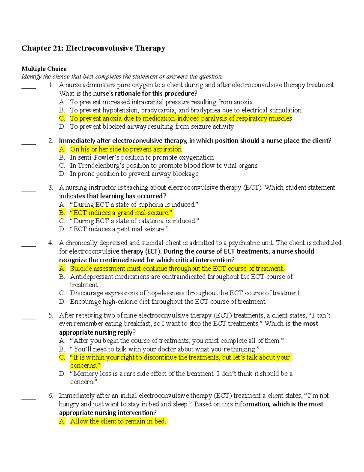 Ch21 - Ch21 practice - Chapter 21: Electroconvolusive Therapy Multiple ...