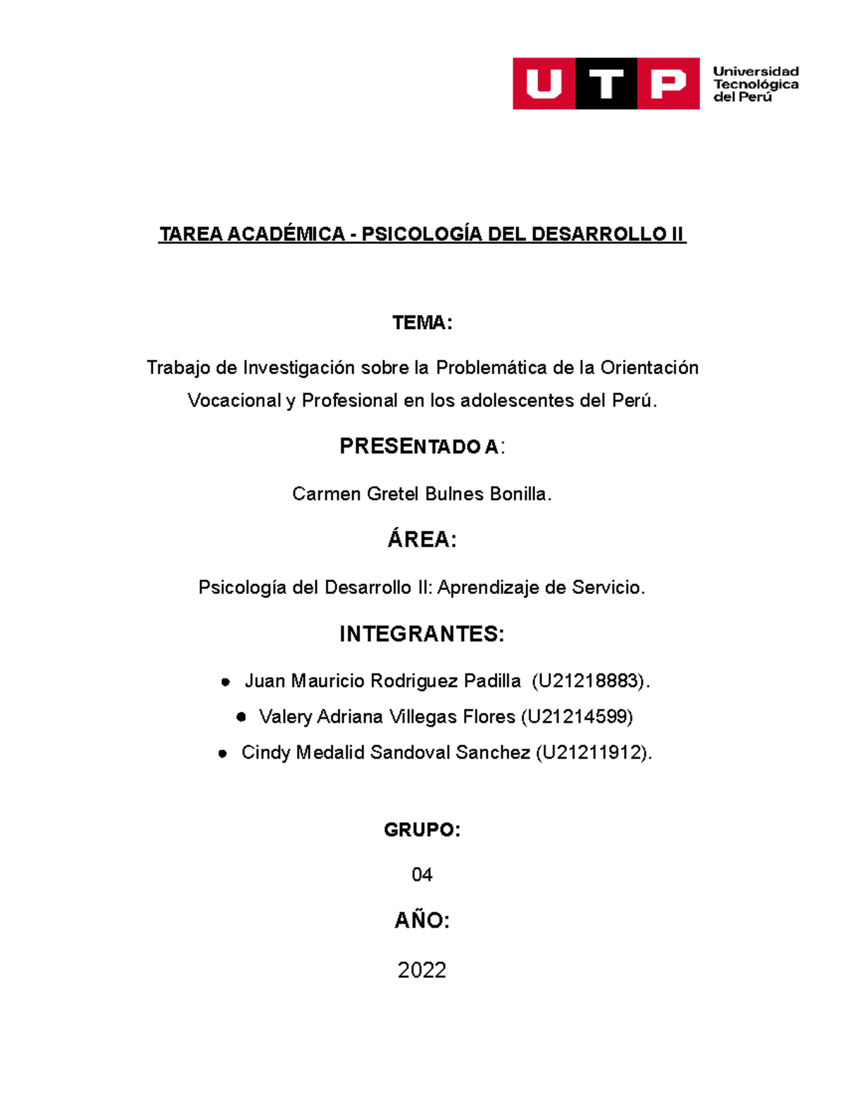 Ta1.Psicologia del Desarrollo.docx - TAREA ACADÉMICA - PSICOLOGÍA DEL DESARROLLO II TEMA ...