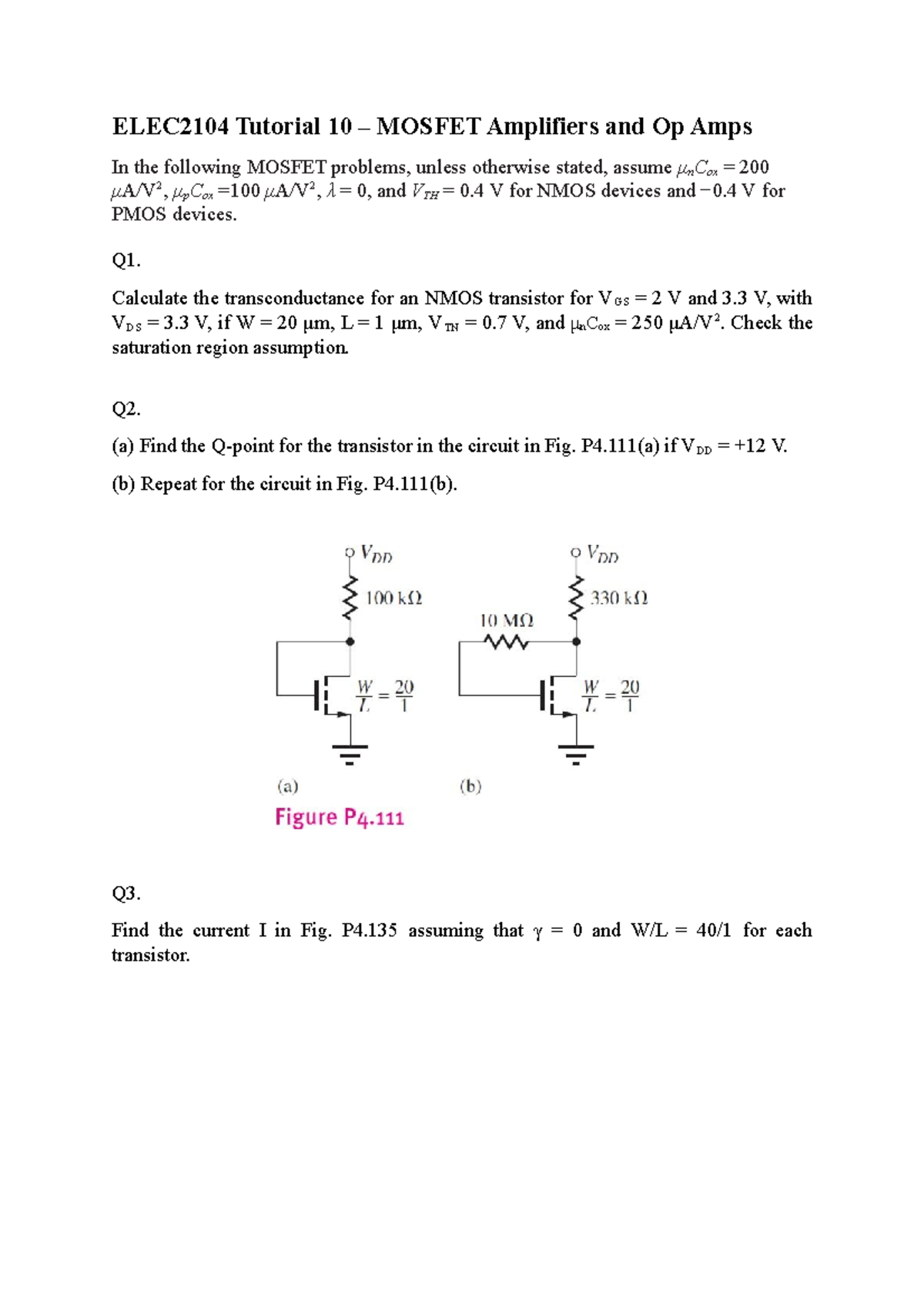 Tutorial 10 - PAPER - ELEC2104 Tutorial 10 – MOSFET Amplifiers and Op ...