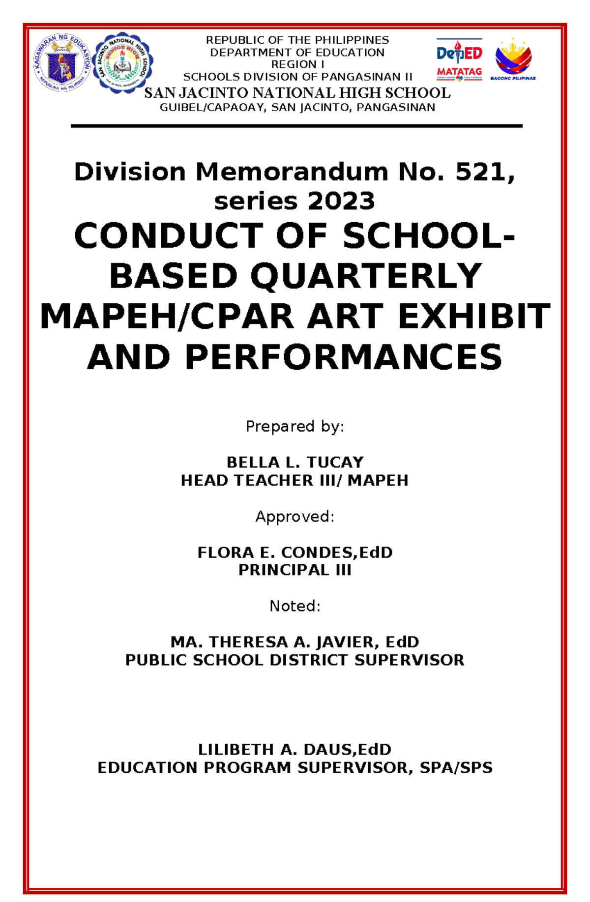1ST Quarter Mapeh Report - REPUBLIC OF THE PHILIPPINES DEPARTMENT OF ...