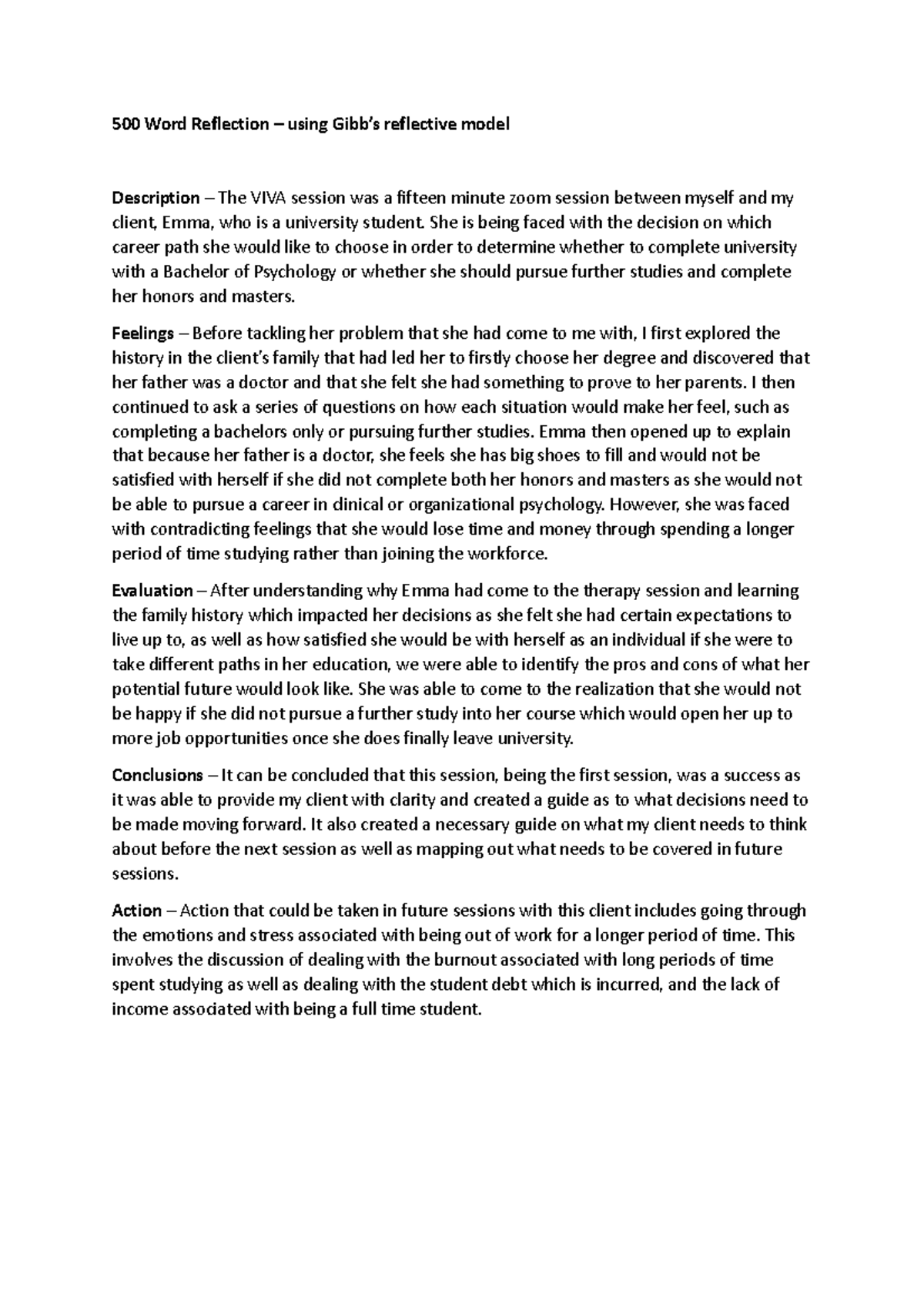 500 word reflection - 500 Word Reflection – using Gibb’s reflective ...