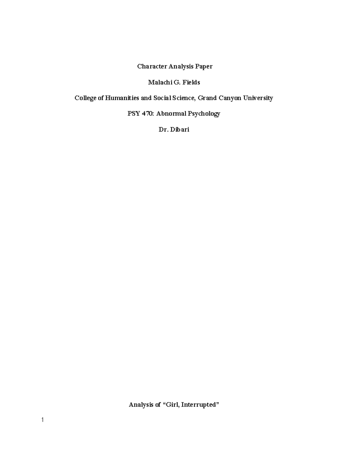 Character Analysis Paper - Character Analysis Paper Malachi G. Fields ...