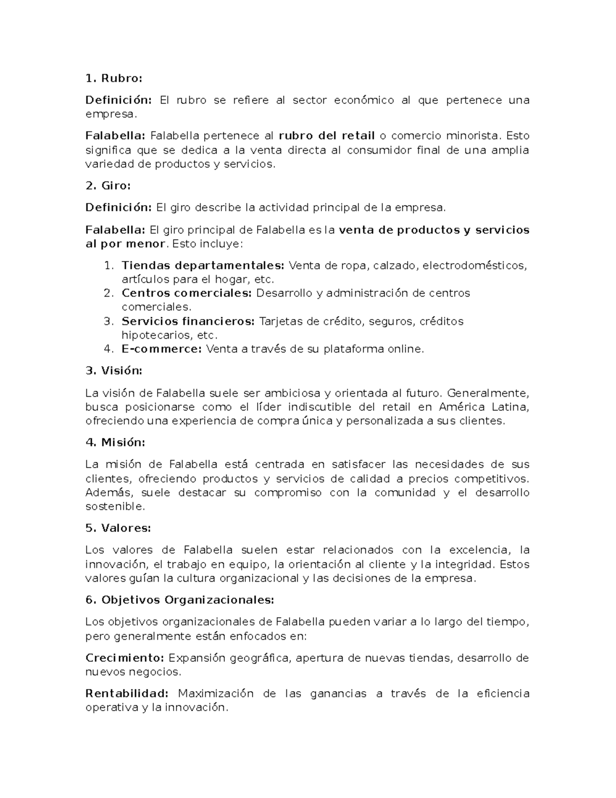 Respuestas - no lo se - 1. Rubro: Definición: El rubro se refiere al ...
