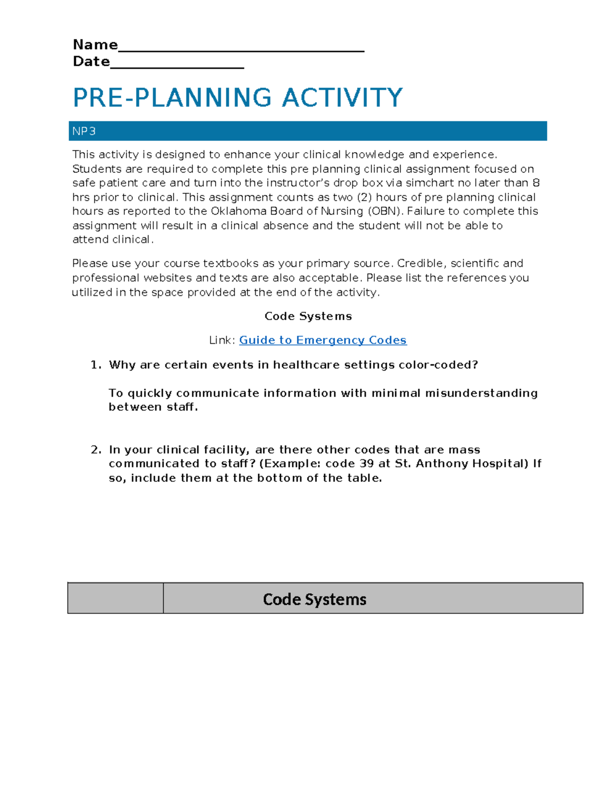 Pre Plan #1 Code Systems-BECK - Name ...