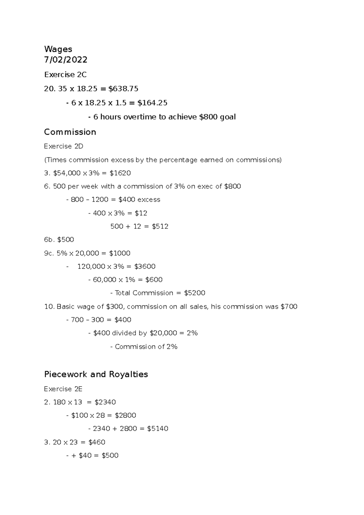 Wages - 7 - maths - Wages 7/02/ Exercise 2C 20. 35 x 18 = $638. - 6 x ...