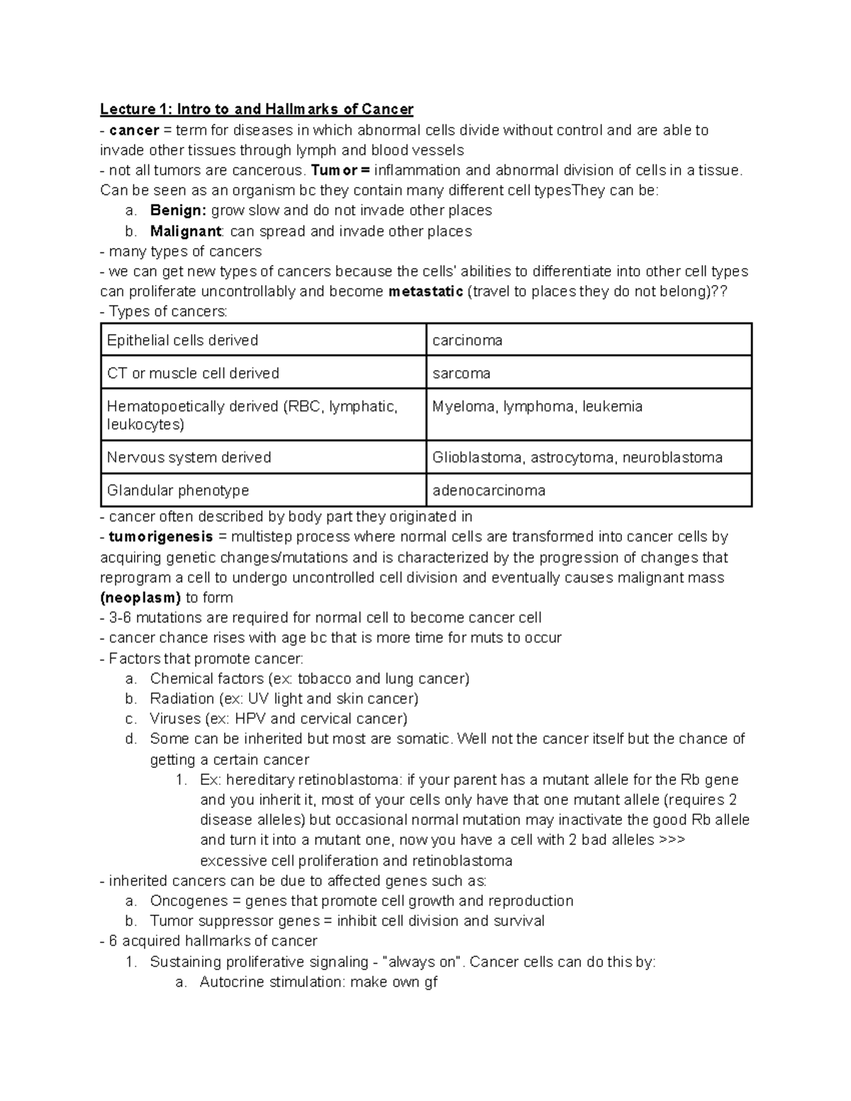 Cancer Lectures 1-2 - Lecture 1: Intro to and Hallmarks of Cancer ...