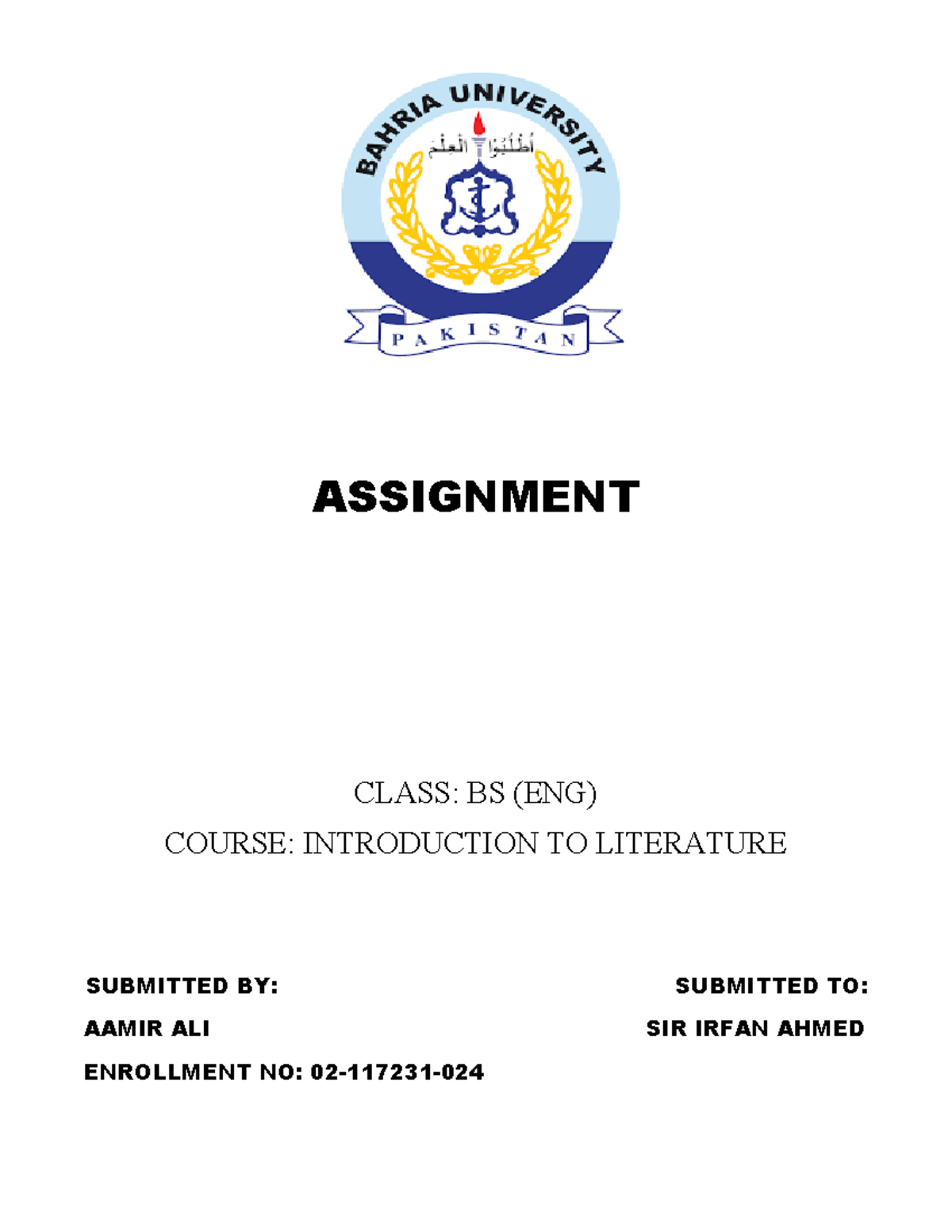 Literature Assigniment 1 - ASSIGNMENT CLASS: BS (ENG) COURSE ...