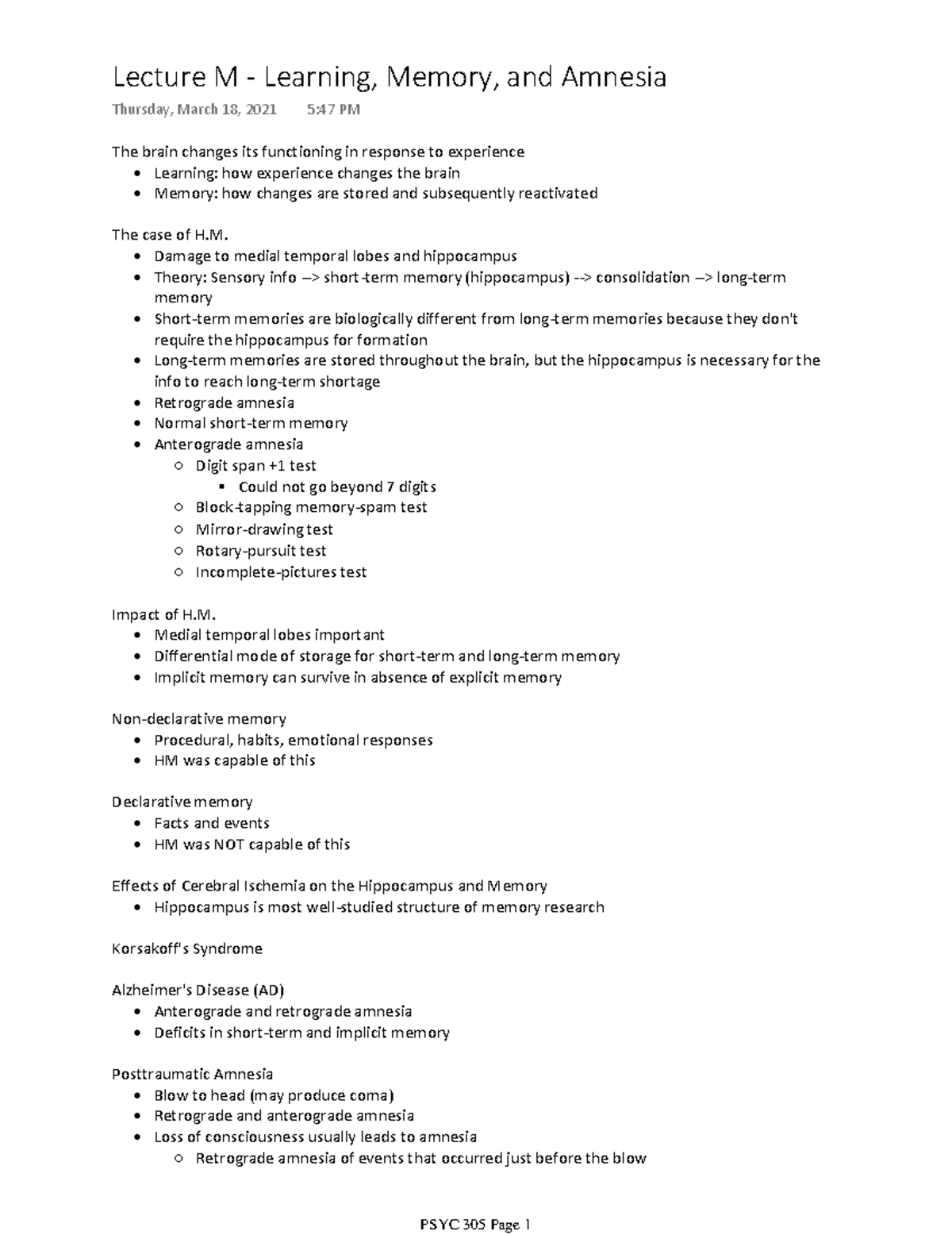Lecture M - Learning, Memory, and Amnesia - Learning: how experience ...