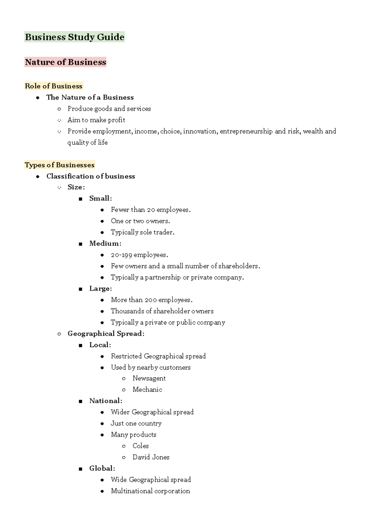Business Study Guide 2 - Business Study Guide Nature of Business Role ...