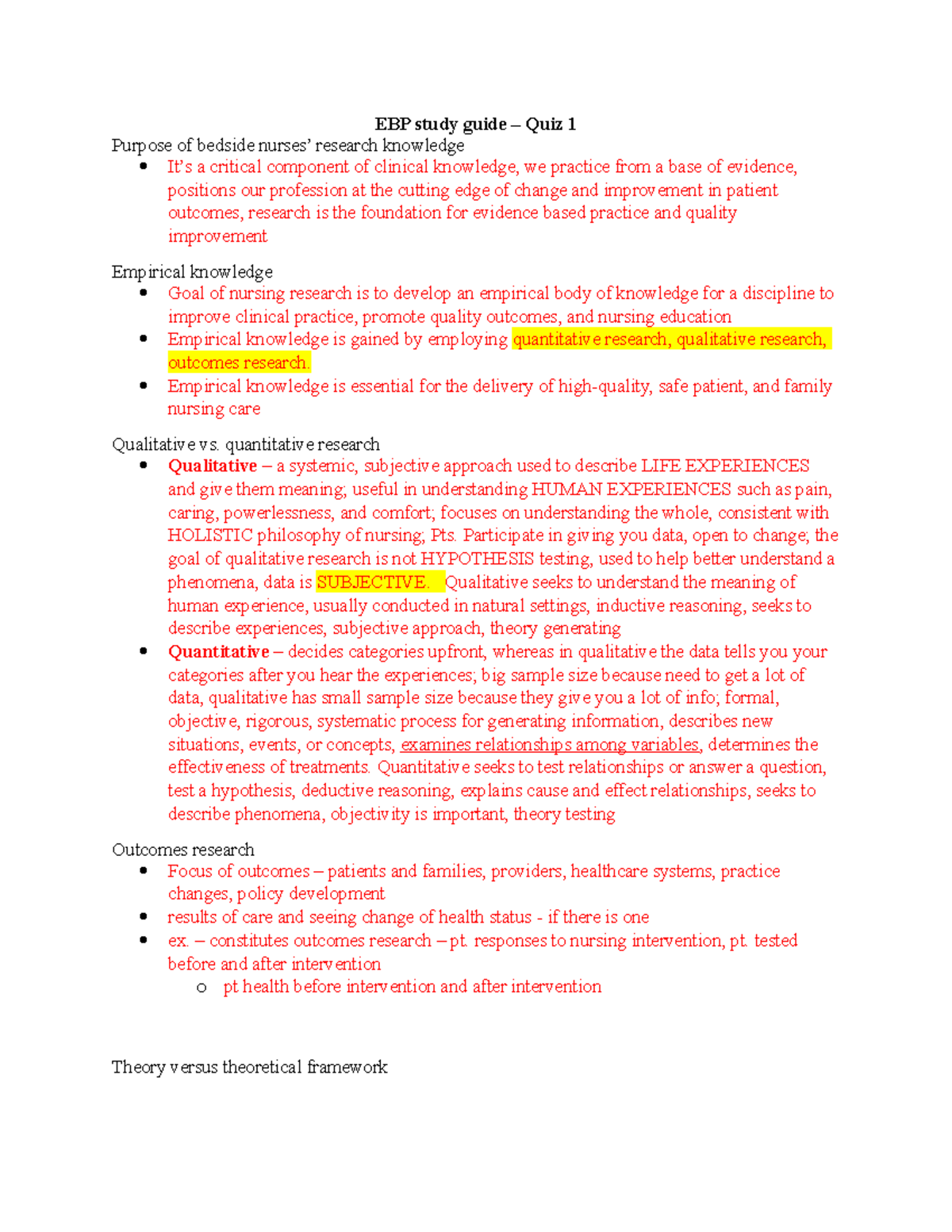 Study Guide QUIZ ONE - EBP study guide – Quiz 1 Purpose of bedside ...