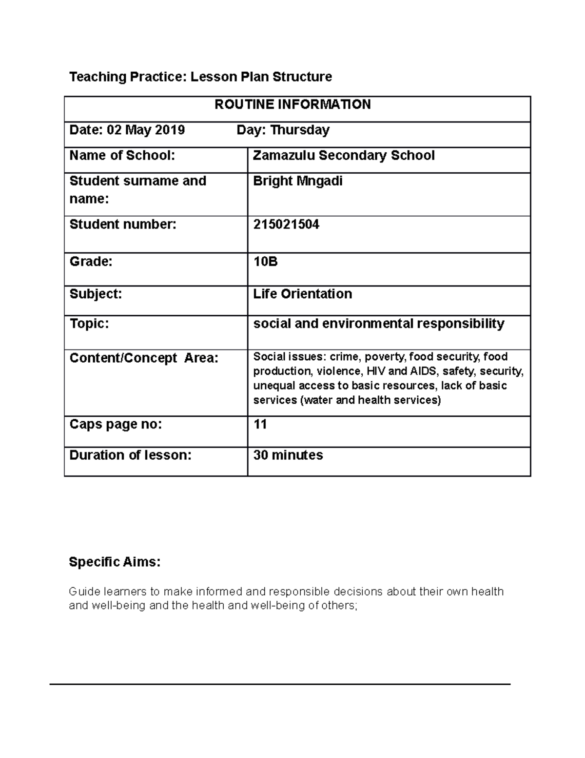 13th lesson plan - Teaching Practice: Lesson Plan Structure ROUTINE ...