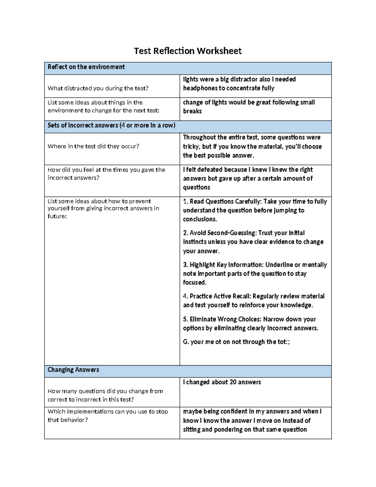 Test Reflection Worksheet - Test Reflection Worksheet Reflect on the ...