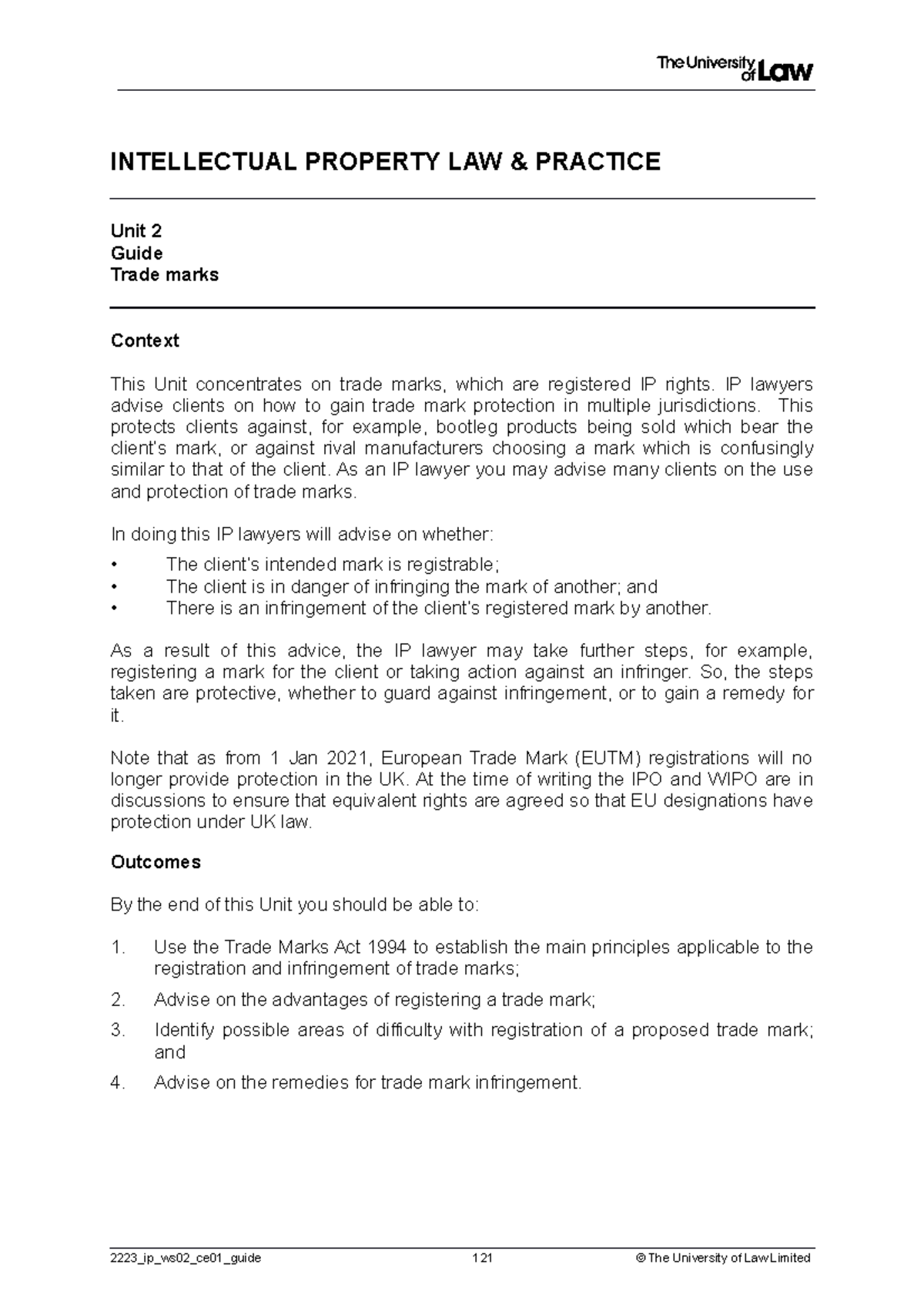 2. Trade marks - Guide - INTELLECTUAL PROPERTY LAW & PRACTICE Unit 2 ...