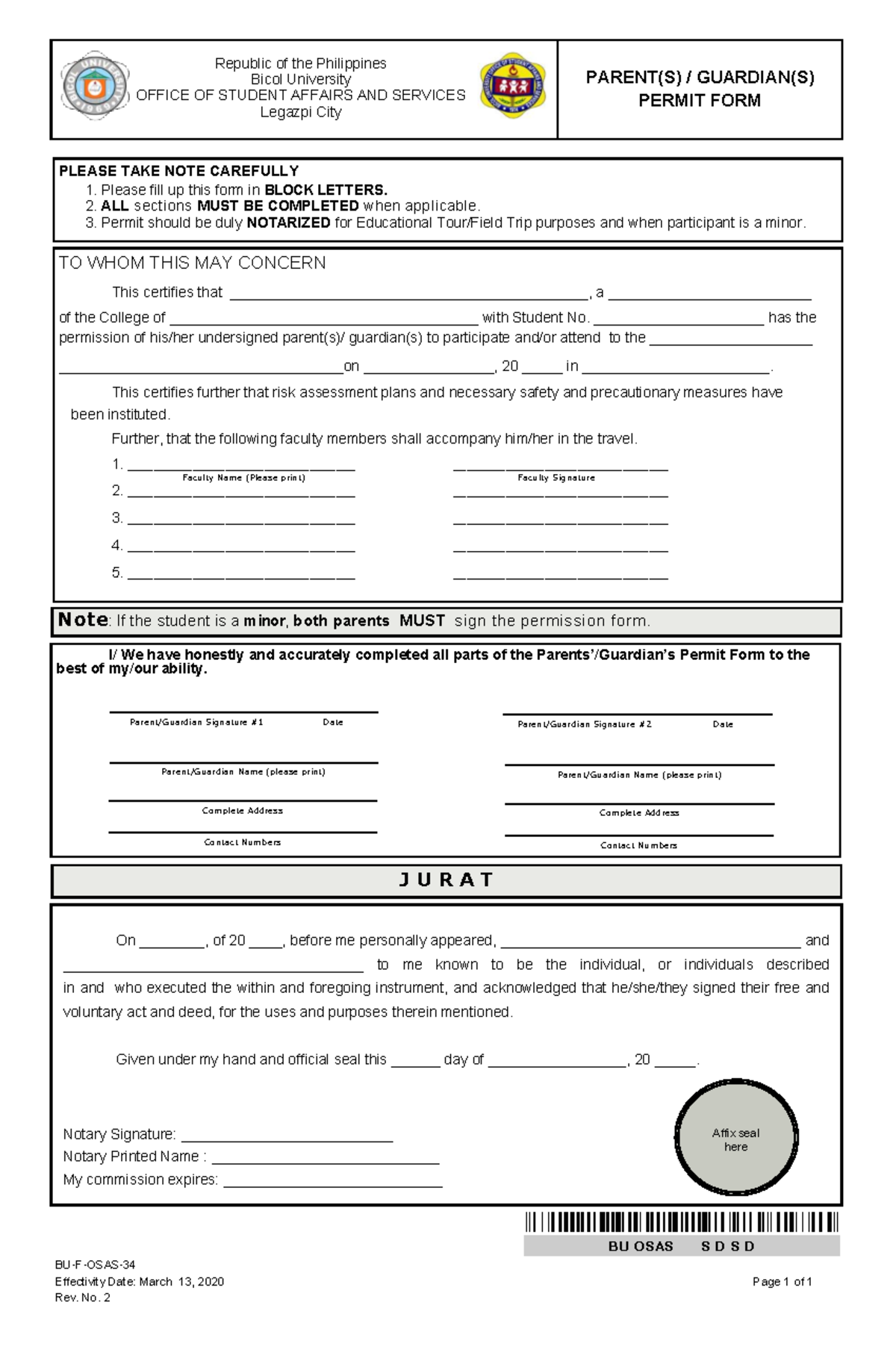 Parents-Permit Jurat-1 - BU-F-OSAS- 34 Effectivity Date: March 13, 2020 Page 1 of 1 Rev. No. 2 I ...